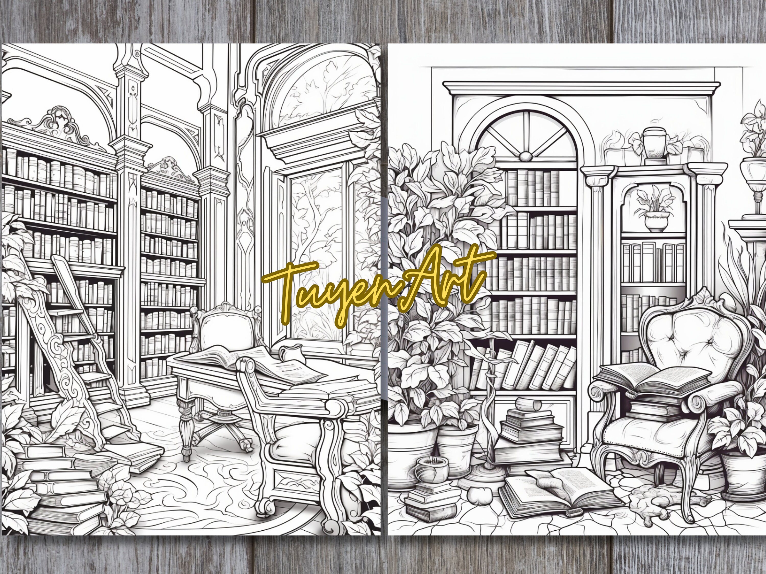 Cozy Library Coloring Pages - Library Coloring Book, Interior Room ...