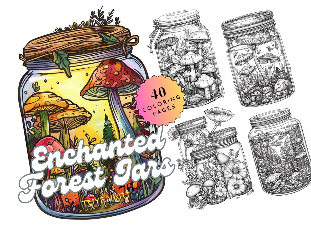 Enchanted Forest Jars Coloring Book, Forest Scenes in Jars Grayscale ...