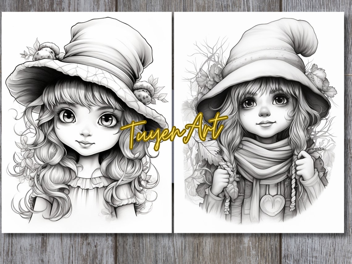 Cute Darling Young Gnome Girl, Coloring Pages for Adults and Kids, PDF ...