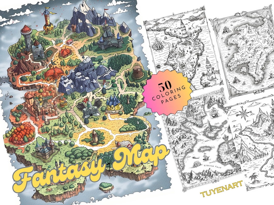 Fantasy Map Coloring Book, Landscapes Fantasy Worlds Coloring Page ...