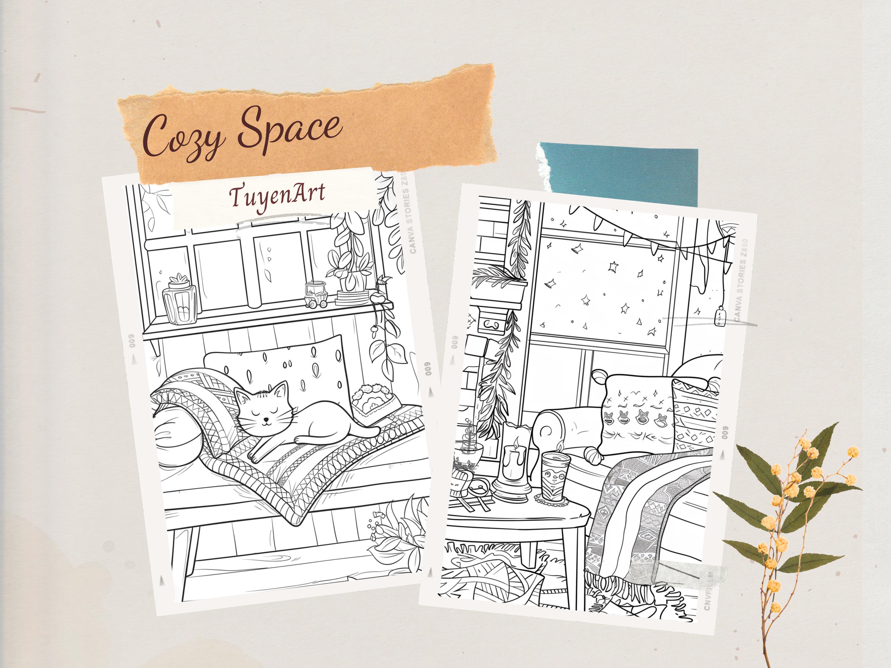 Cozy Space Coloring Book, Boho Room Coloring Page, Cozy Room Coloring ...