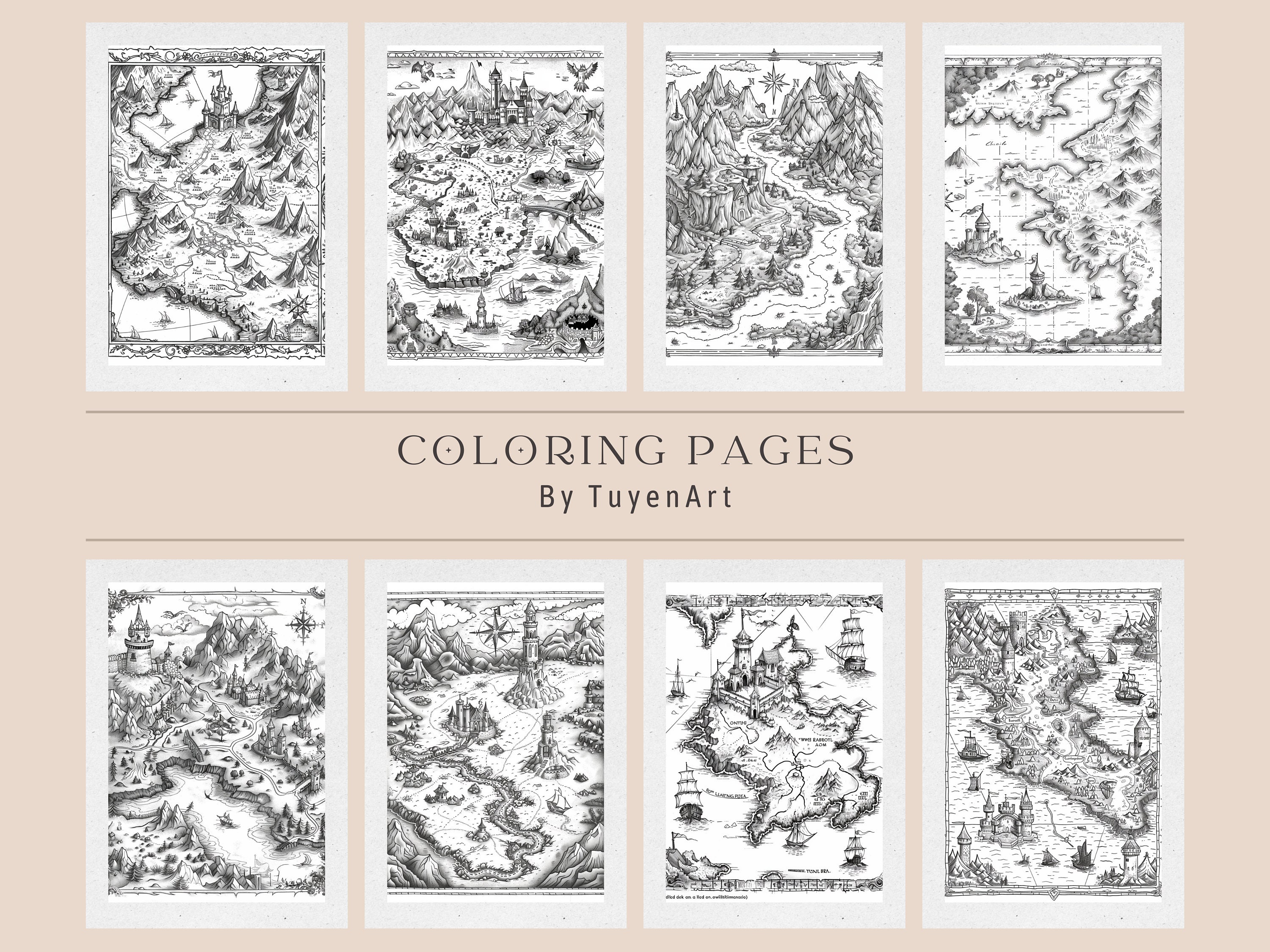 Fantasy Map Coloring Book, Landscapes Fantasy Worlds Coloring Page ...