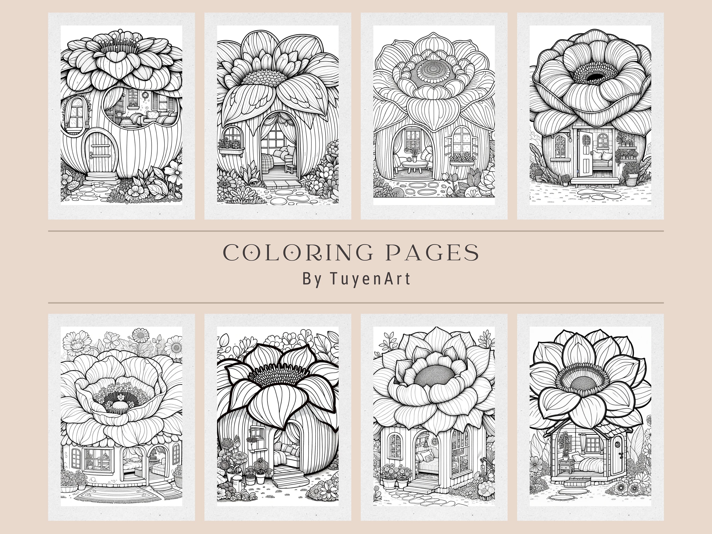 Flowers House Pocket Room Coloring Book, Boho Cozy Interior Design ...