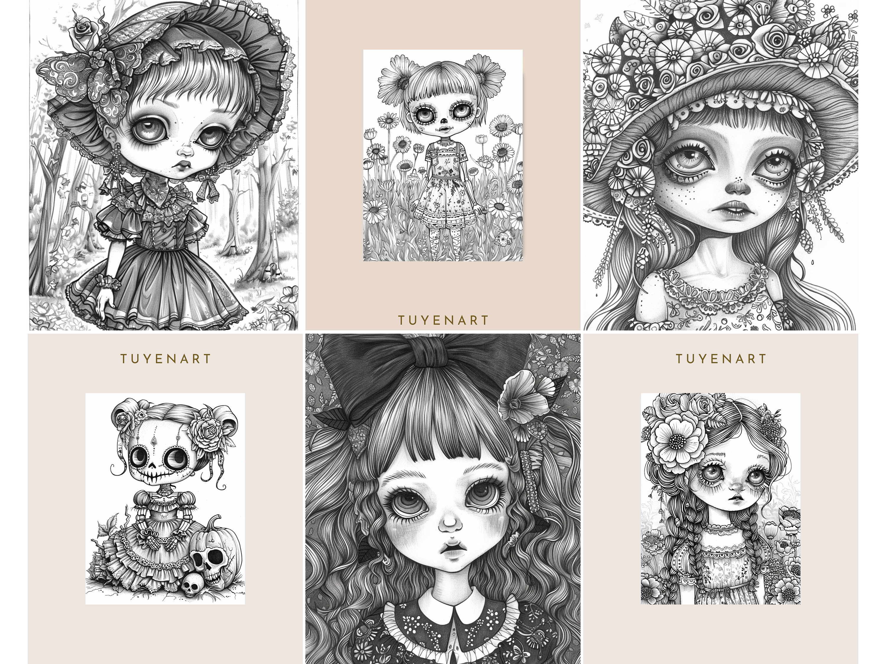 Kawaii Creepy Doll Coloring Book, Halloween Coloring Pages, Gothic Doll ...