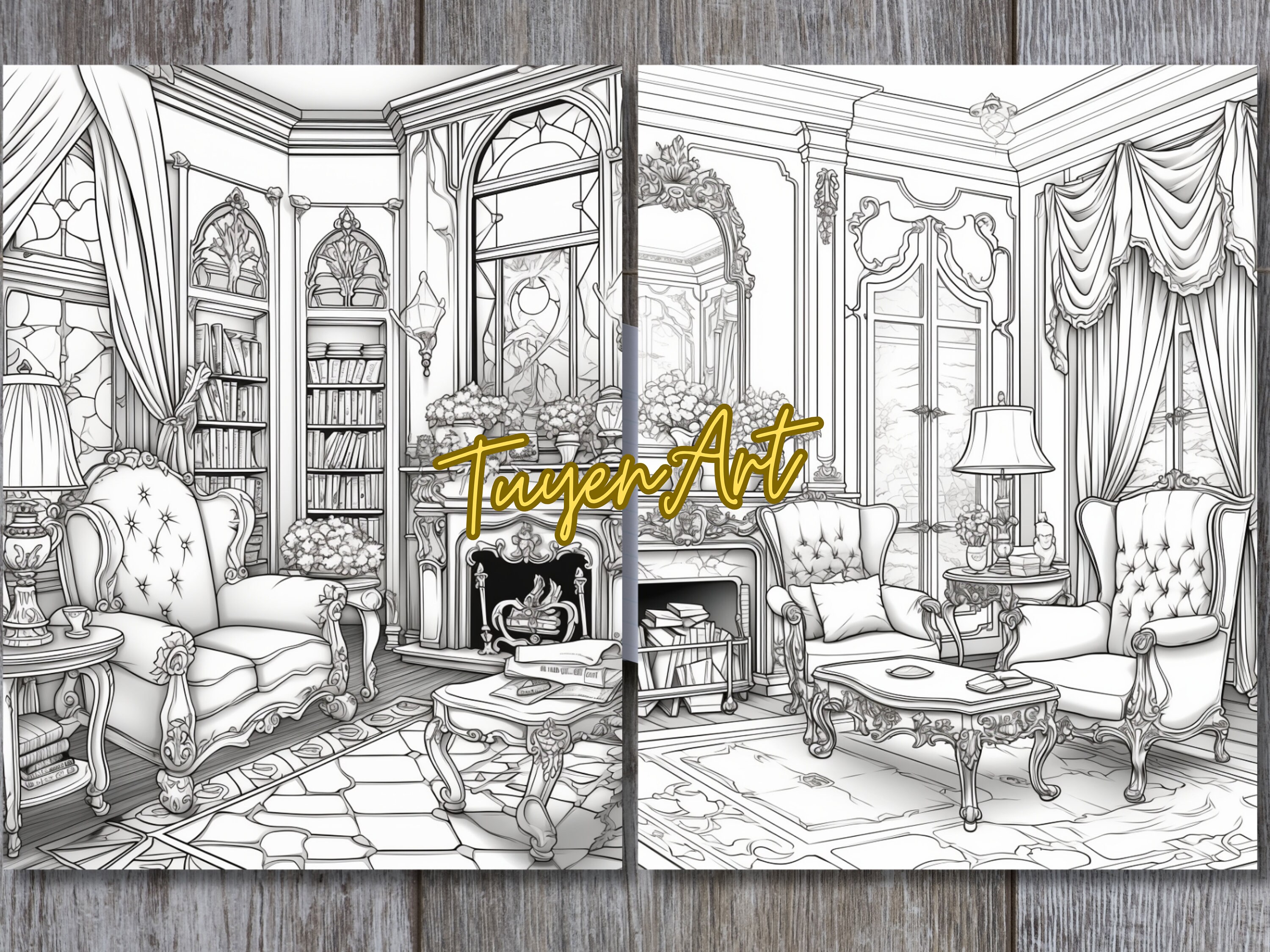 Classic Interior Coloring Book, Architecture Theme, Coloring Pages for ...