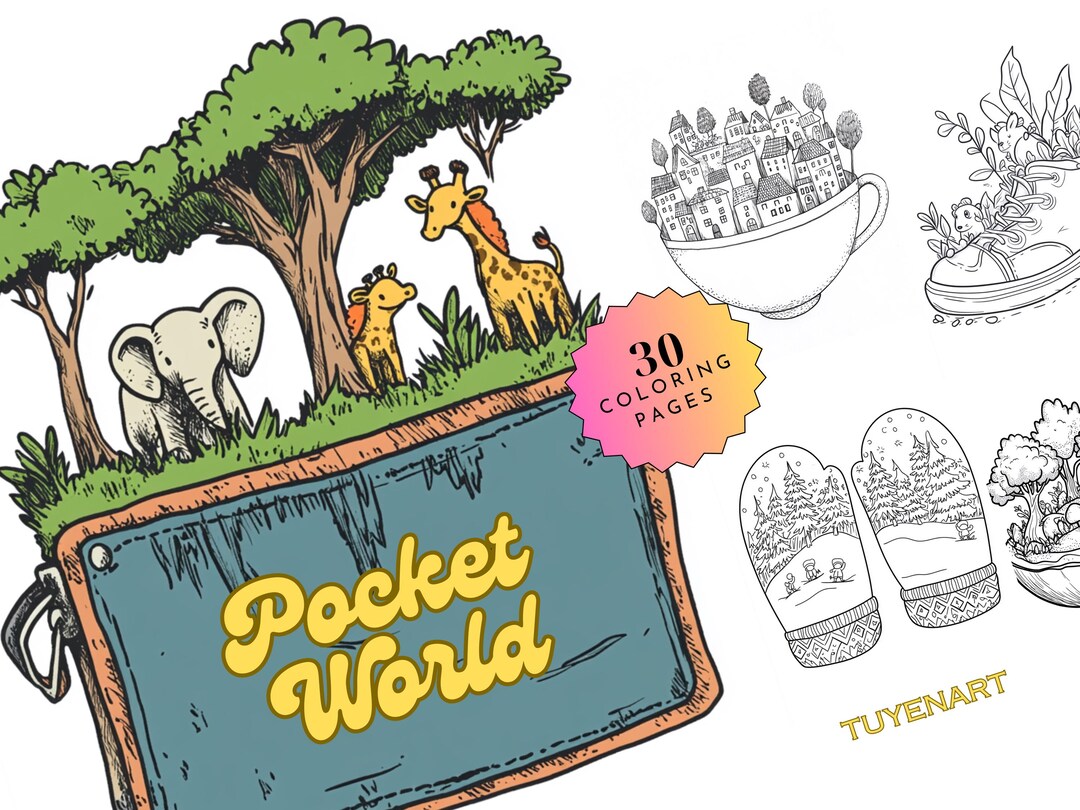 Pocket World Coloring Book, Miniature Worlds Coloring Page, Cute ...