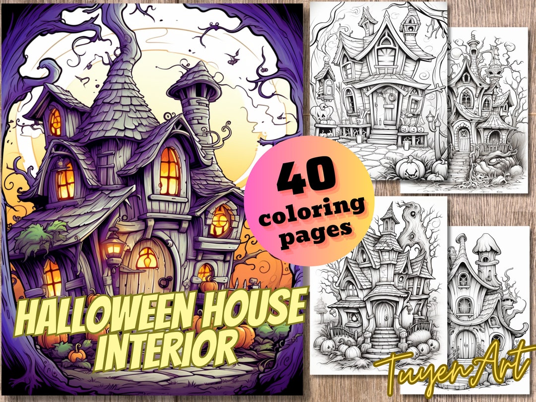 Halloween House Interior Coloring Book, Halloween Spooky House ...