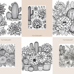 Floral Cactus & Succulent Coloring Book, Fantasy Grayscale, Blooming ...