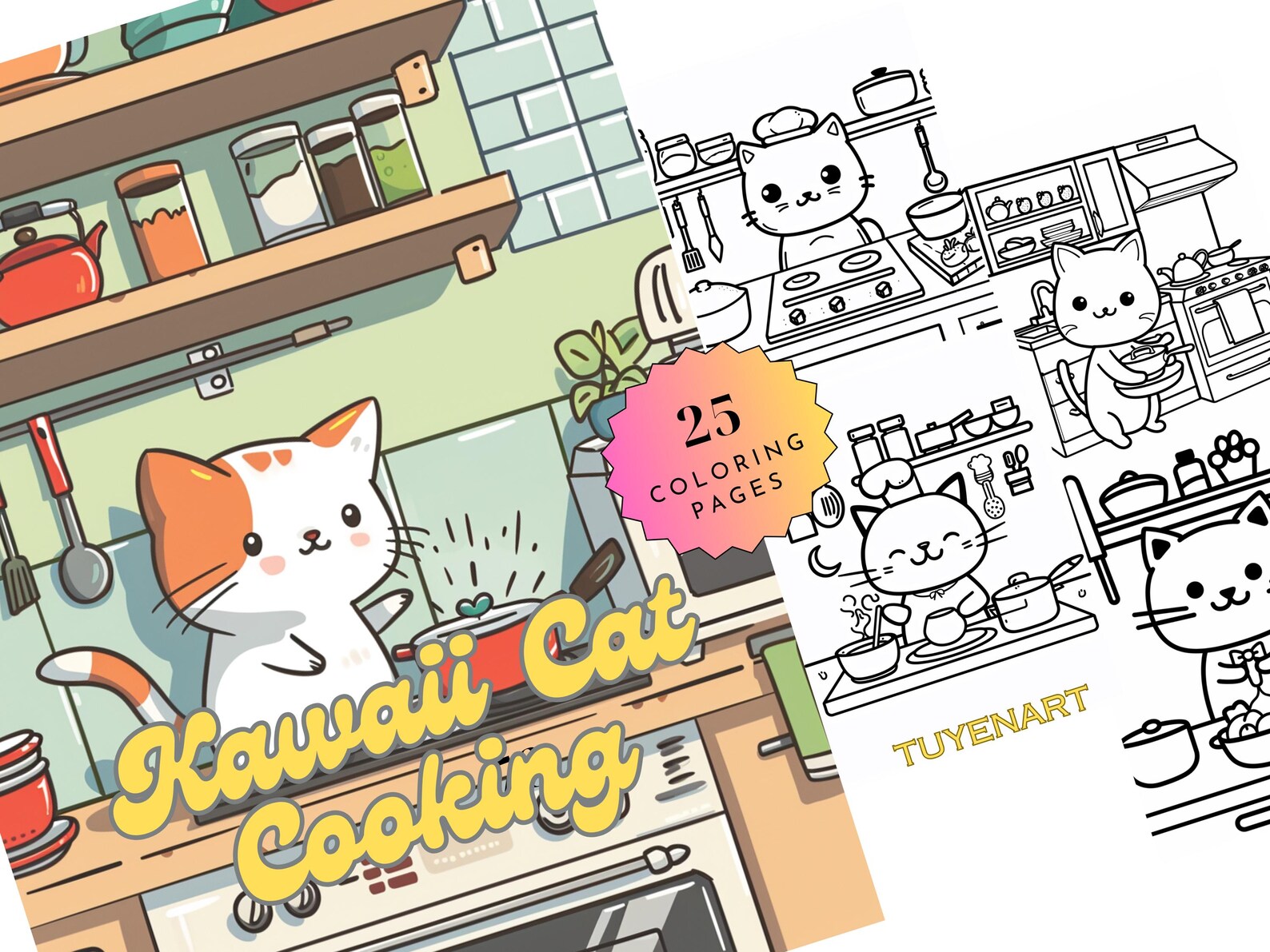 Kawaii Cat Cooking Coloring Book, Kawaii Cat Coloring Page, Kawaii Cat ...