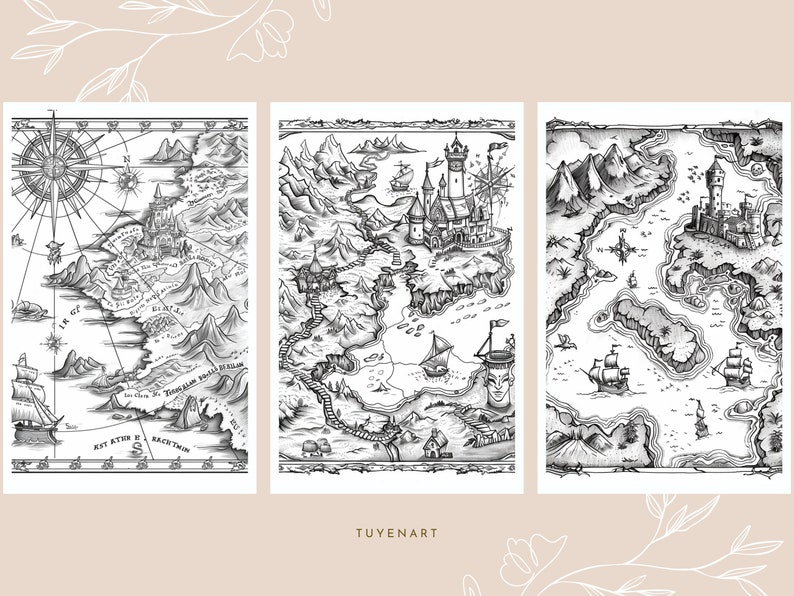 Fantasy Map Coloring Book, Landscapes Fantasy Worlds Coloring Page ...