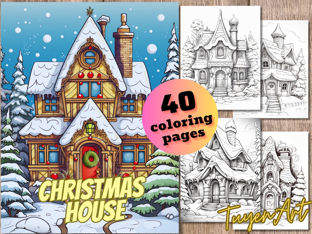 Christmas Houses Coloring Book, Fantasy Xmas Cottage Coloring Pages ...