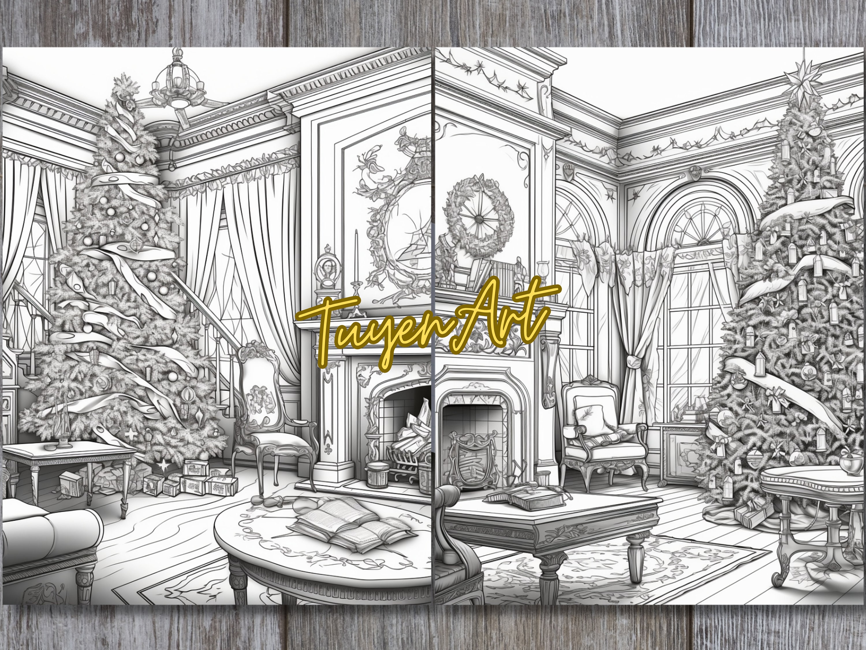Christmas Room Architecture Coloring Book, Christmas Interior Design ...