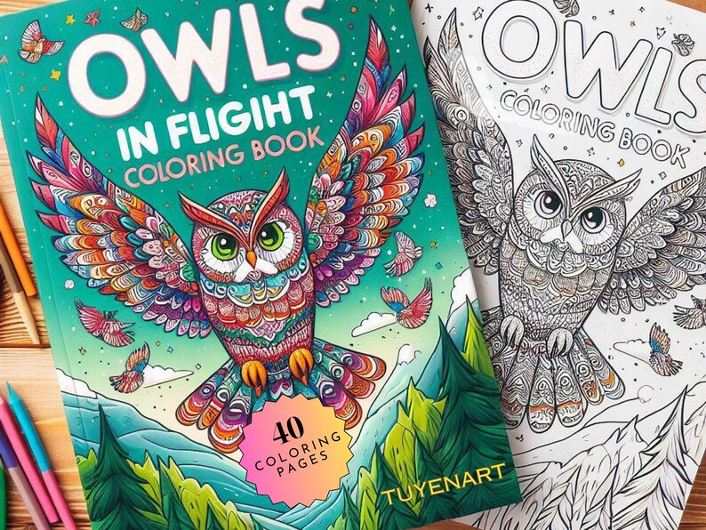 Owl in Flight Coloring Book, Owl Coloring Pages, Owls, Birds, Adult Kid ...