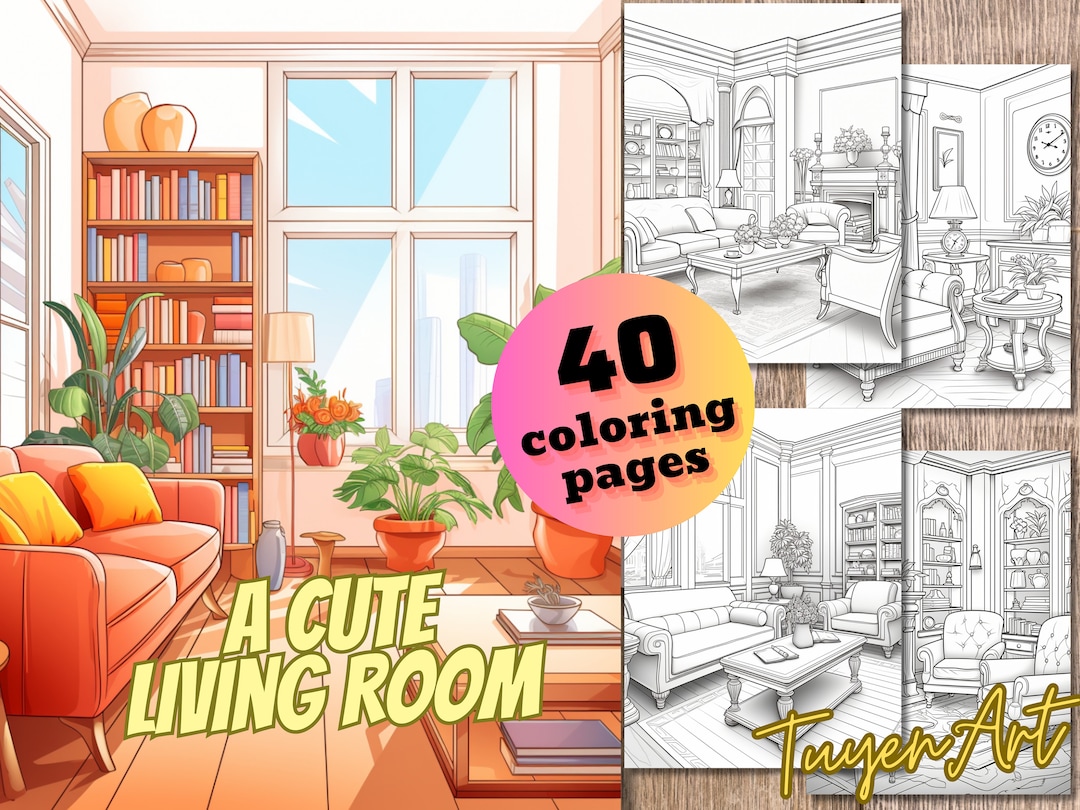 Living Room Coloring Book, Modern & Minimal Interior Design Rendering ...