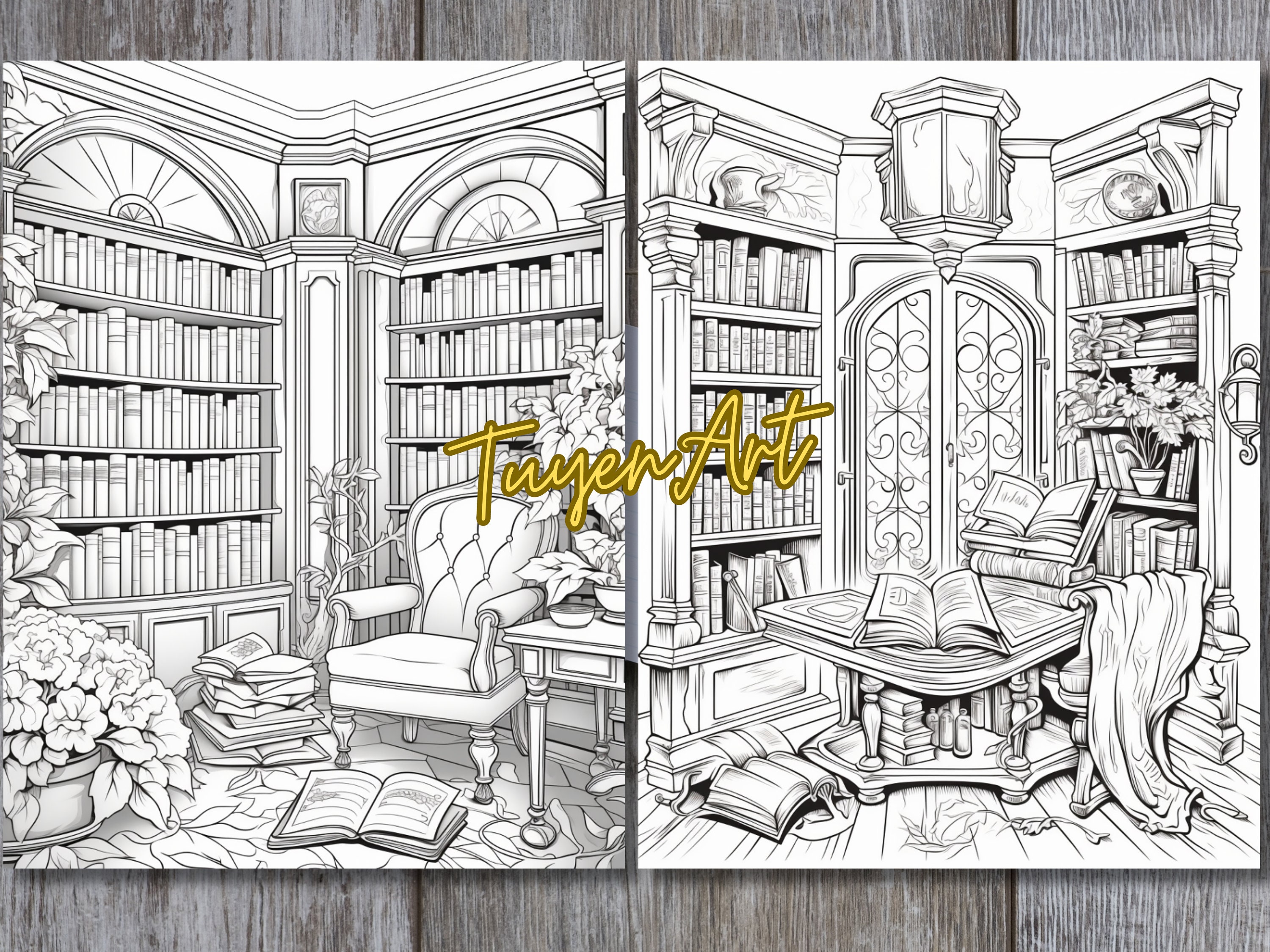 Cozy Library Coloring Pages - Library Coloring Book, Interior Room ...