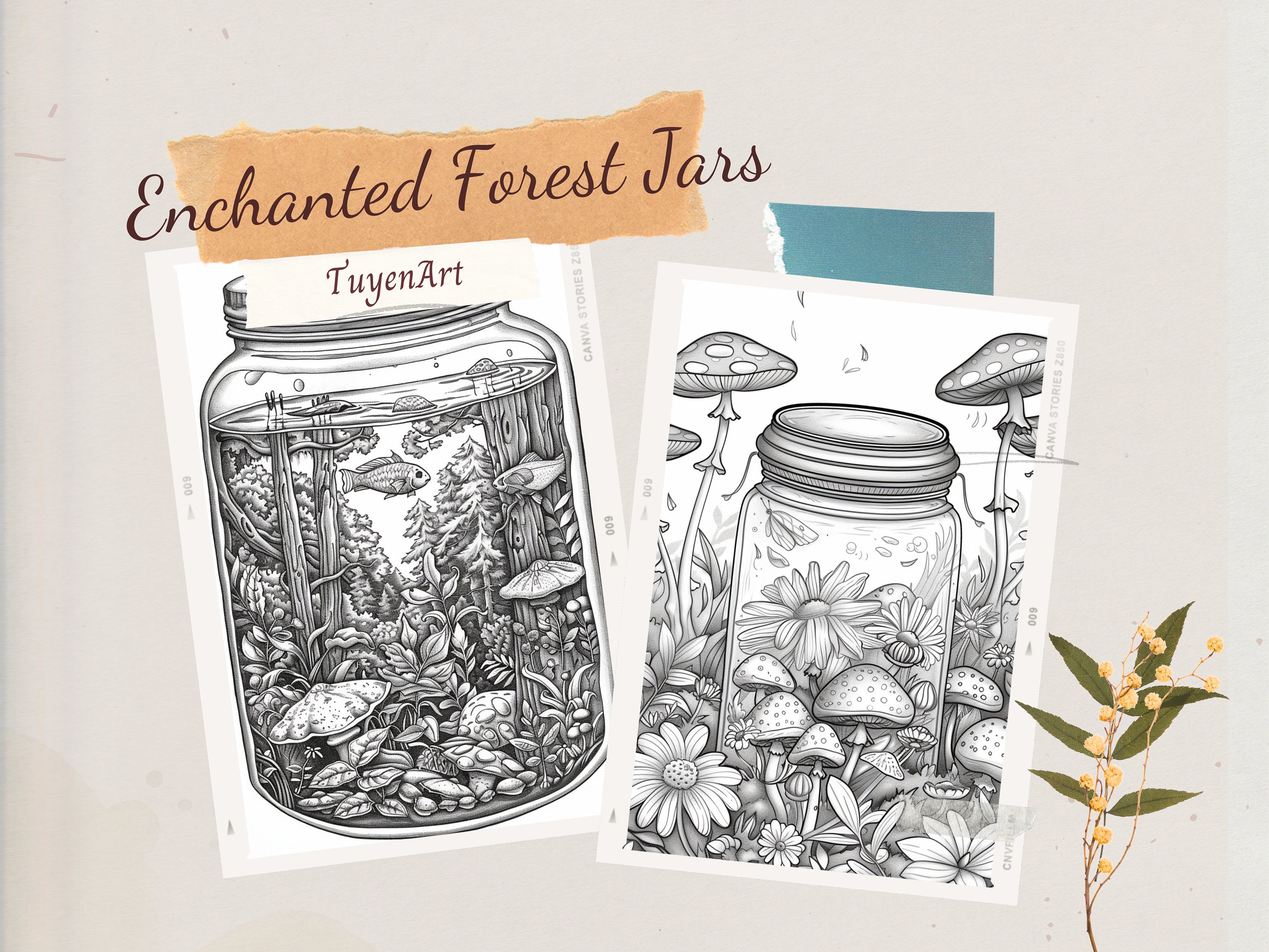 Enchanted Forest Jars Coloring Book, Forest Scenes in Jars Grayscale ...