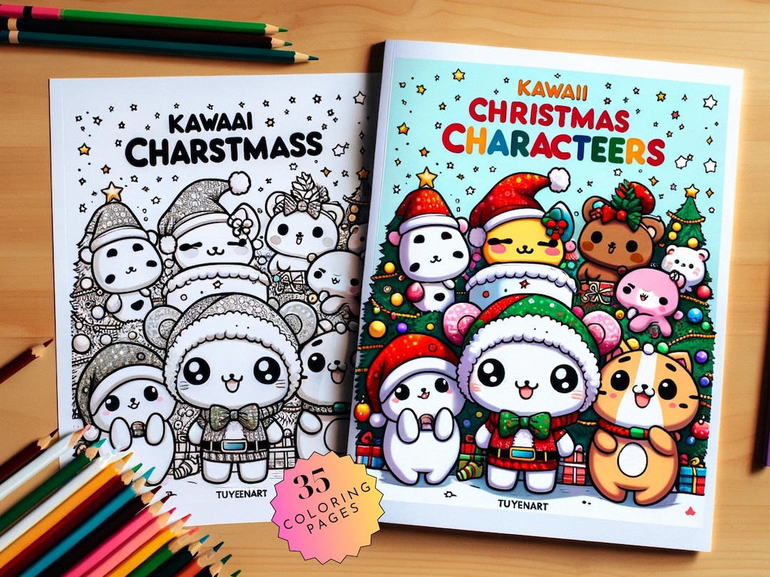 Christmas Kawaii Characters Coloring Book, Xmas Santa Coloring Pages ...