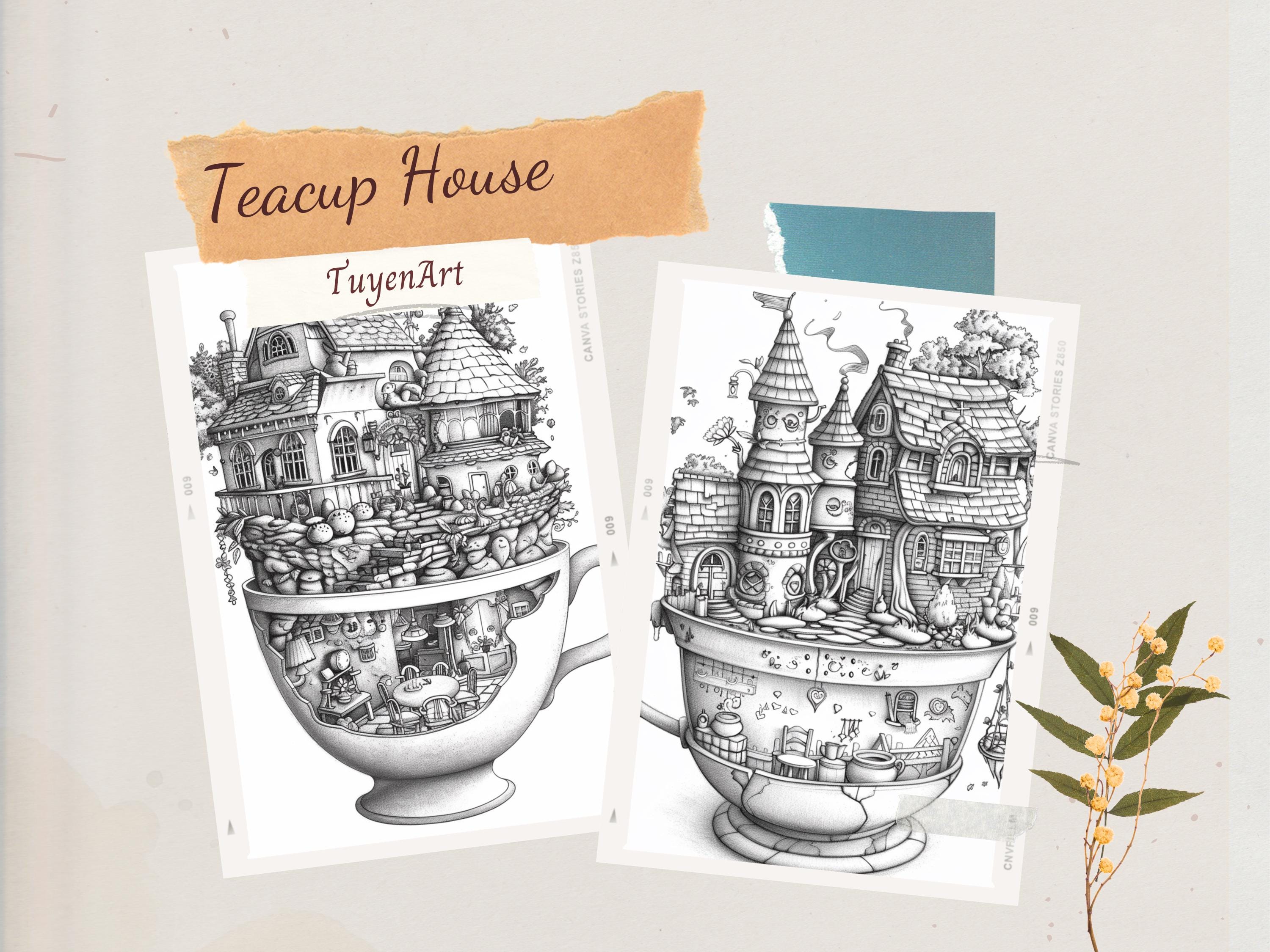 Teacup House Coloring Book, Tea Cup Flowers Fairy Houses Coloring Pages ...