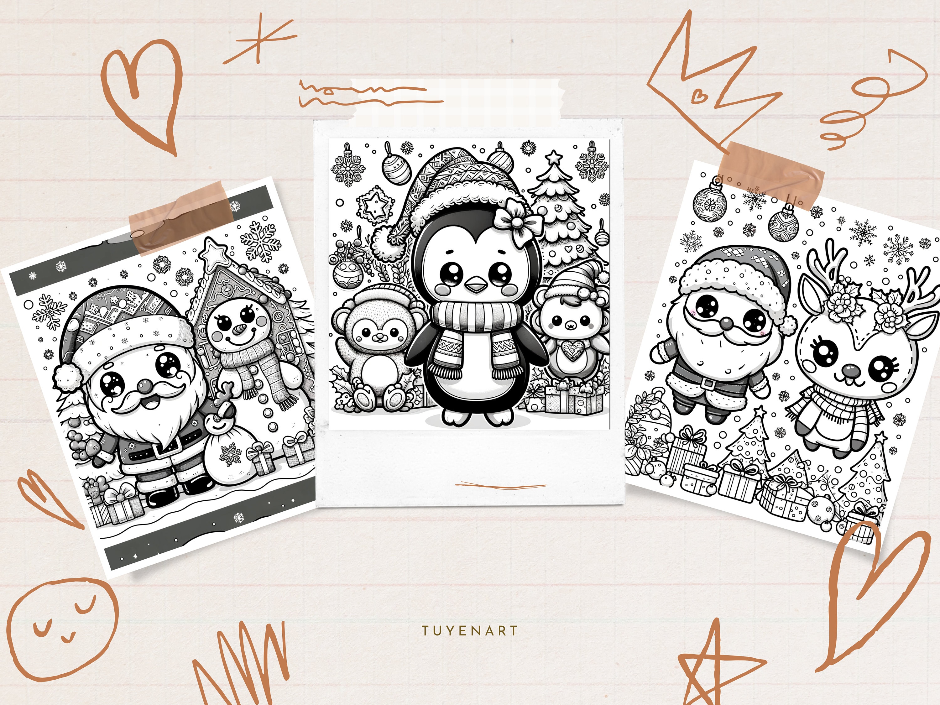 Christmas Kawaii Characters Coloring Book, Xmas Santa Coloring Pages ...