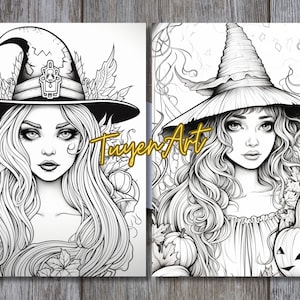 Halloween Witch Coloring Book, Gothic Pumpkin Witch Coloring Pages for ...