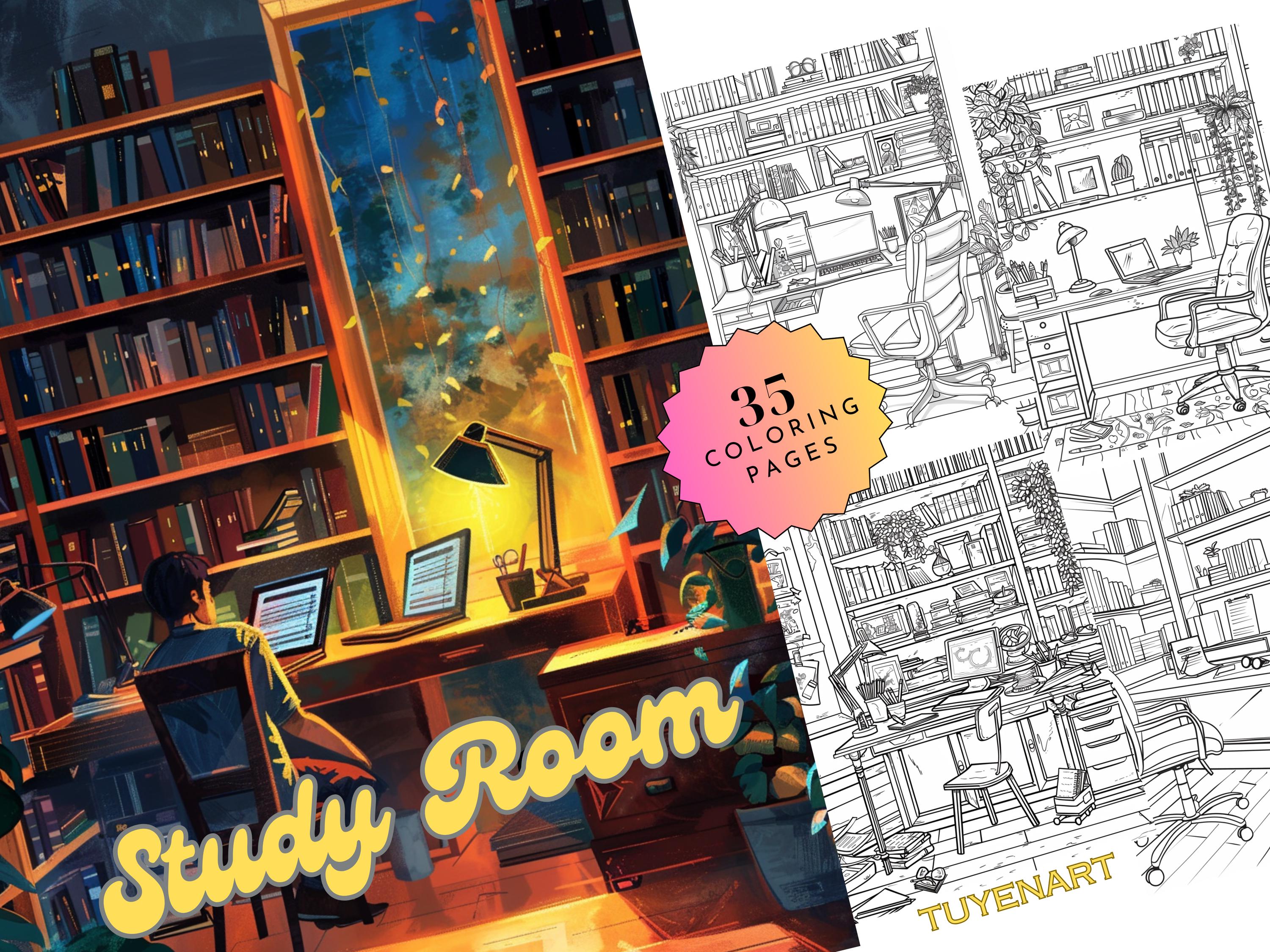 Study Room Coloring Book, Cozy Room Coloring Pages, Creative Room for ...