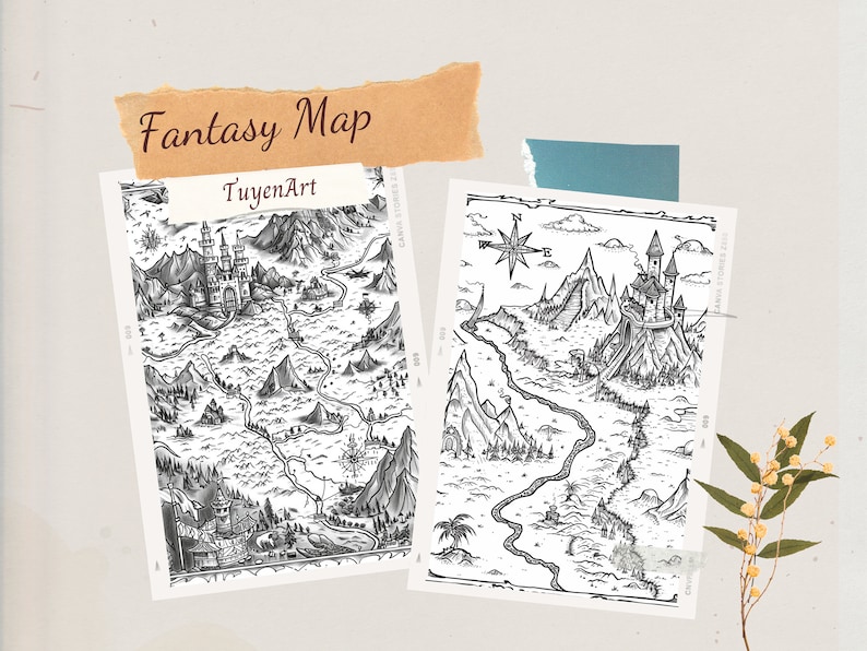 Fantasy Map Coloring Book, Landscapes Fantasy Worlds Coloring Page ...