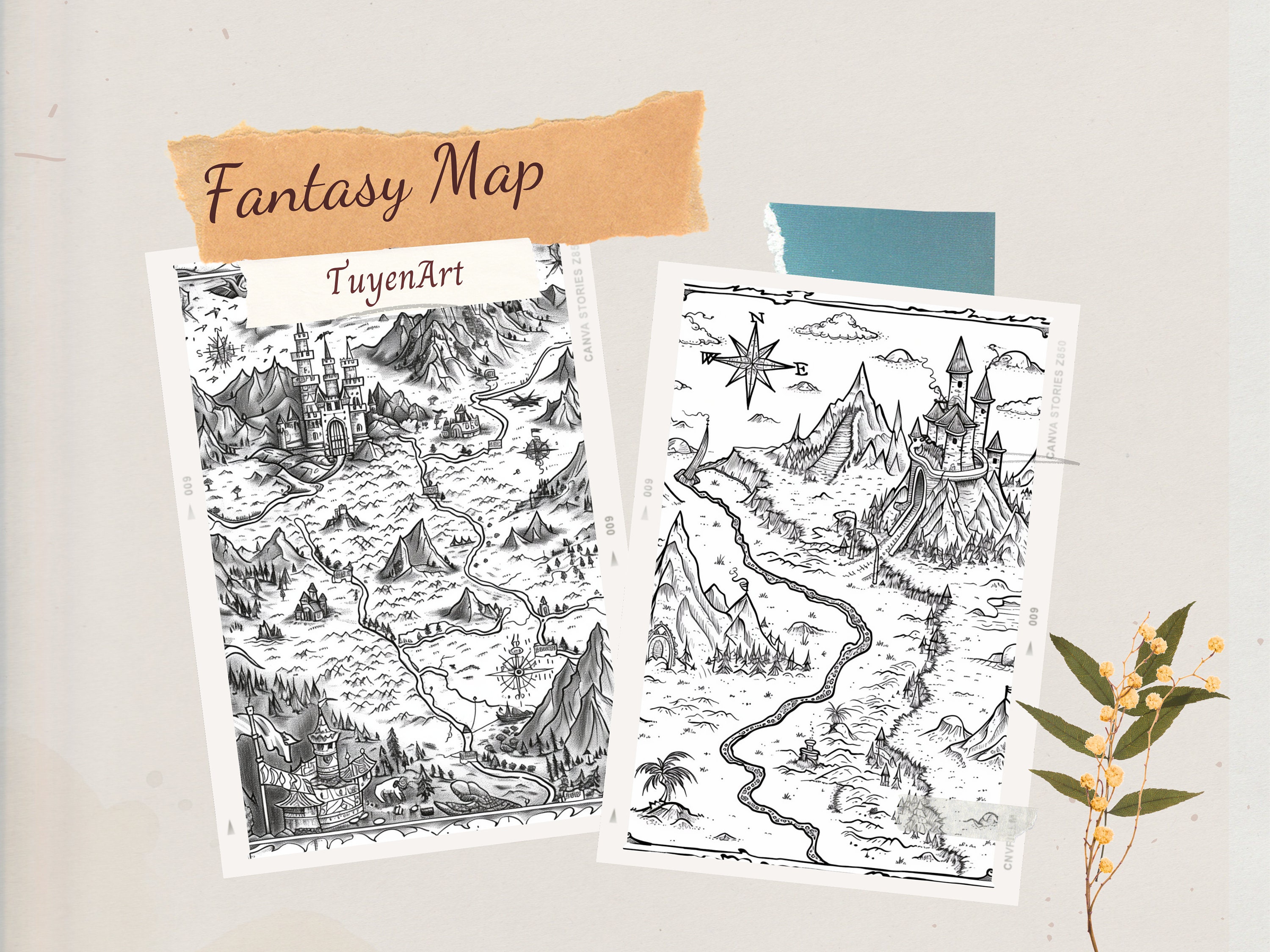 Fantasy Map Coloring Book, Landscapes Fantasy Worlds Coloring Page ...
