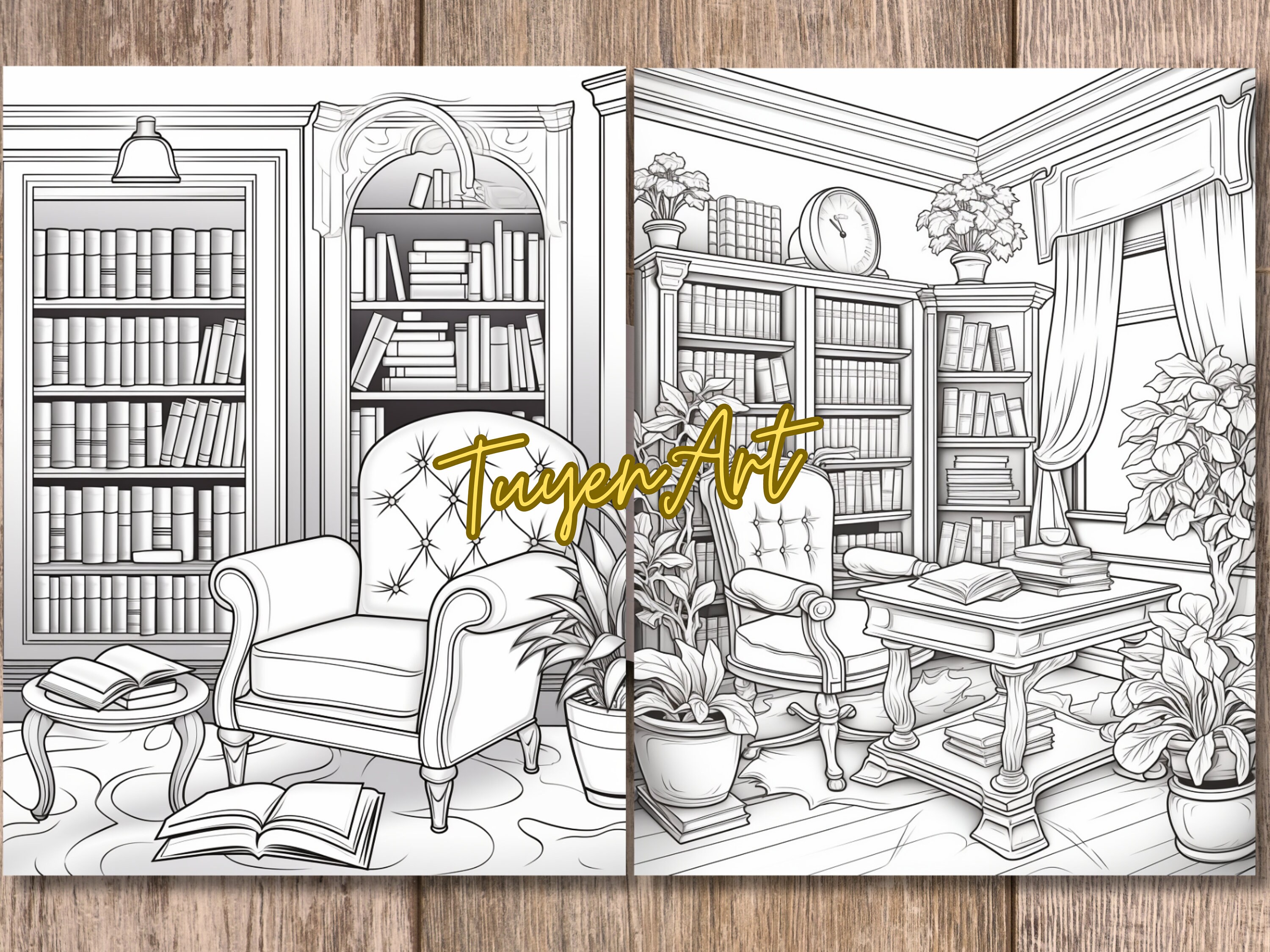 Cozy Library Coloring Pages - Library Coloring Book, Interior Room ...
