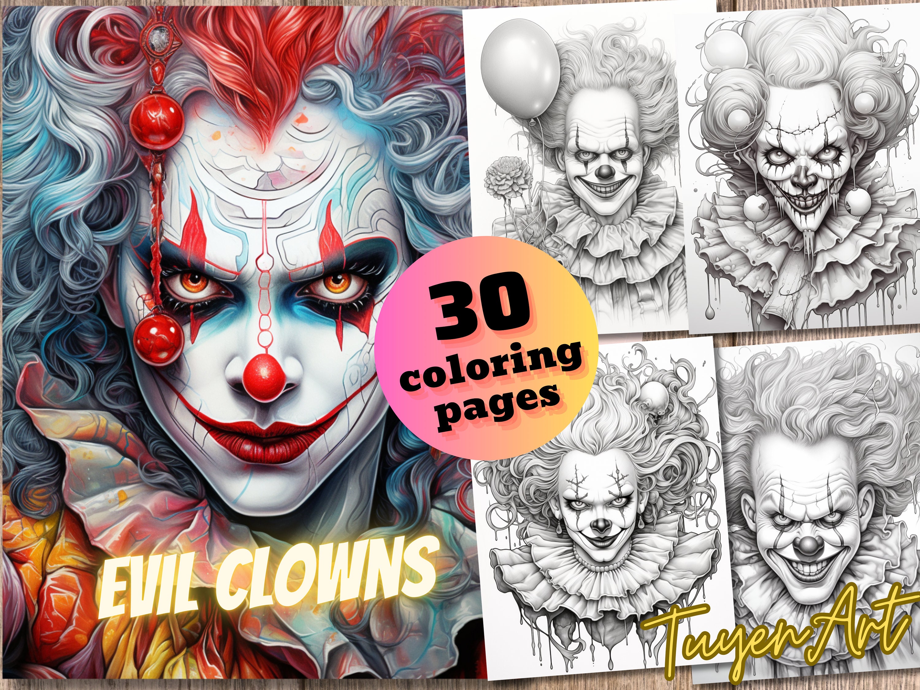 Evil Clowns Coloring Book for Adults & Teens - Evil Clowns, Skulls ...