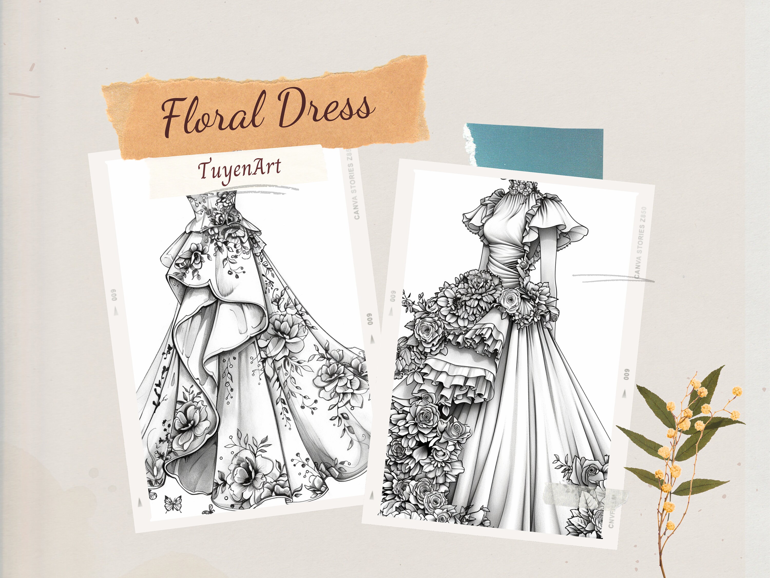 Floral Dress Coloring Book, Fashion Dress Coloring Pages, Flower Dress ...