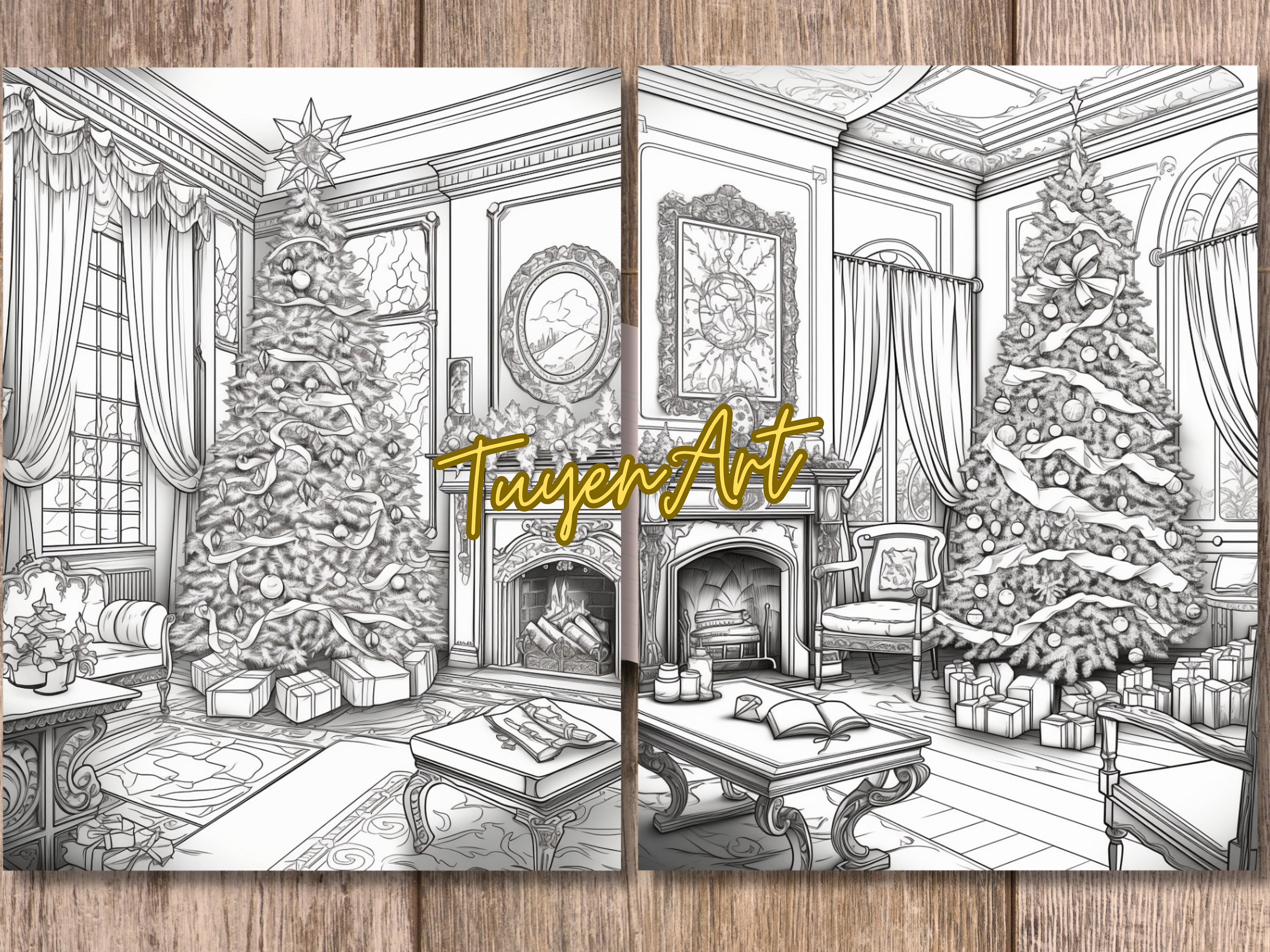 Christmas Room Architecture Coloring Book, Christmas Interior Design ...