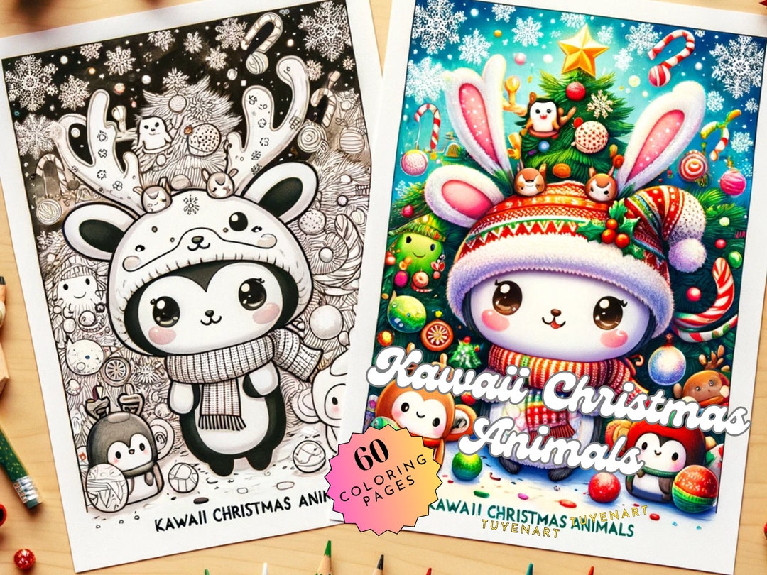 Kawaii Christmas Animals Coloring Book, Cute Kawaii Woodland Animals ...