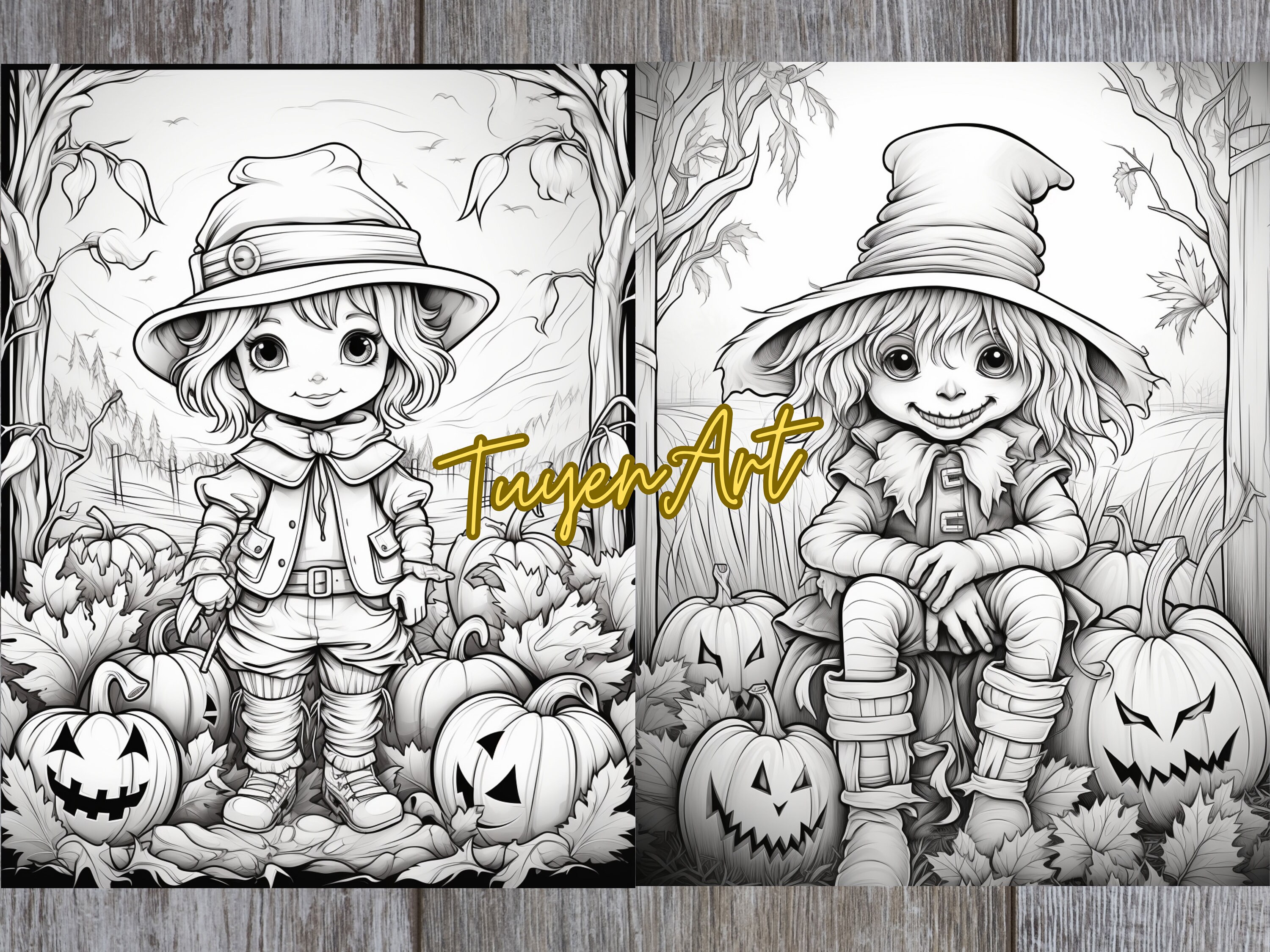 Cute Scarecrows Coloring Book, Halloween Coloring Pages, Fall Cute ...
