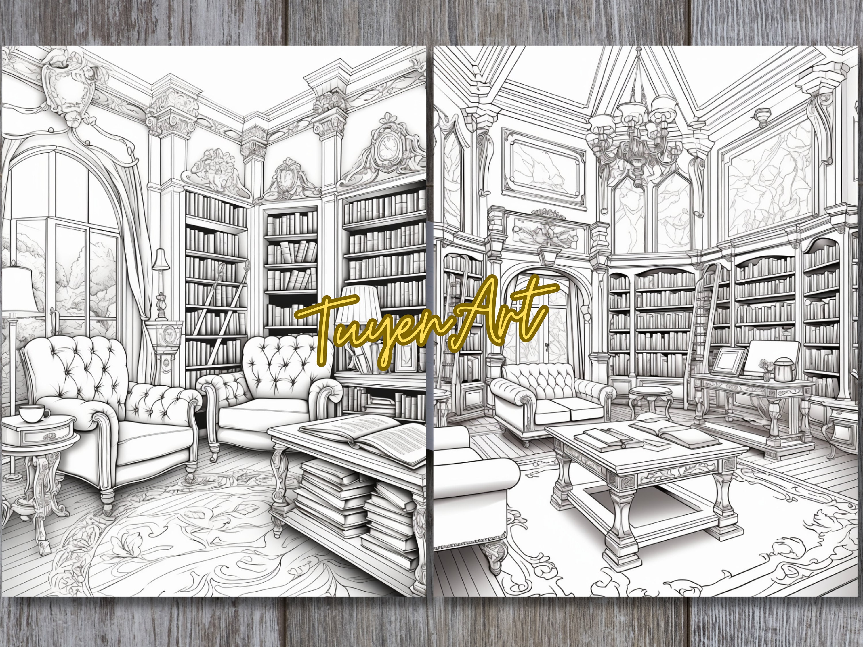 Cozy Library Coloring Pages - Library Coloring Book, Interior Room ...