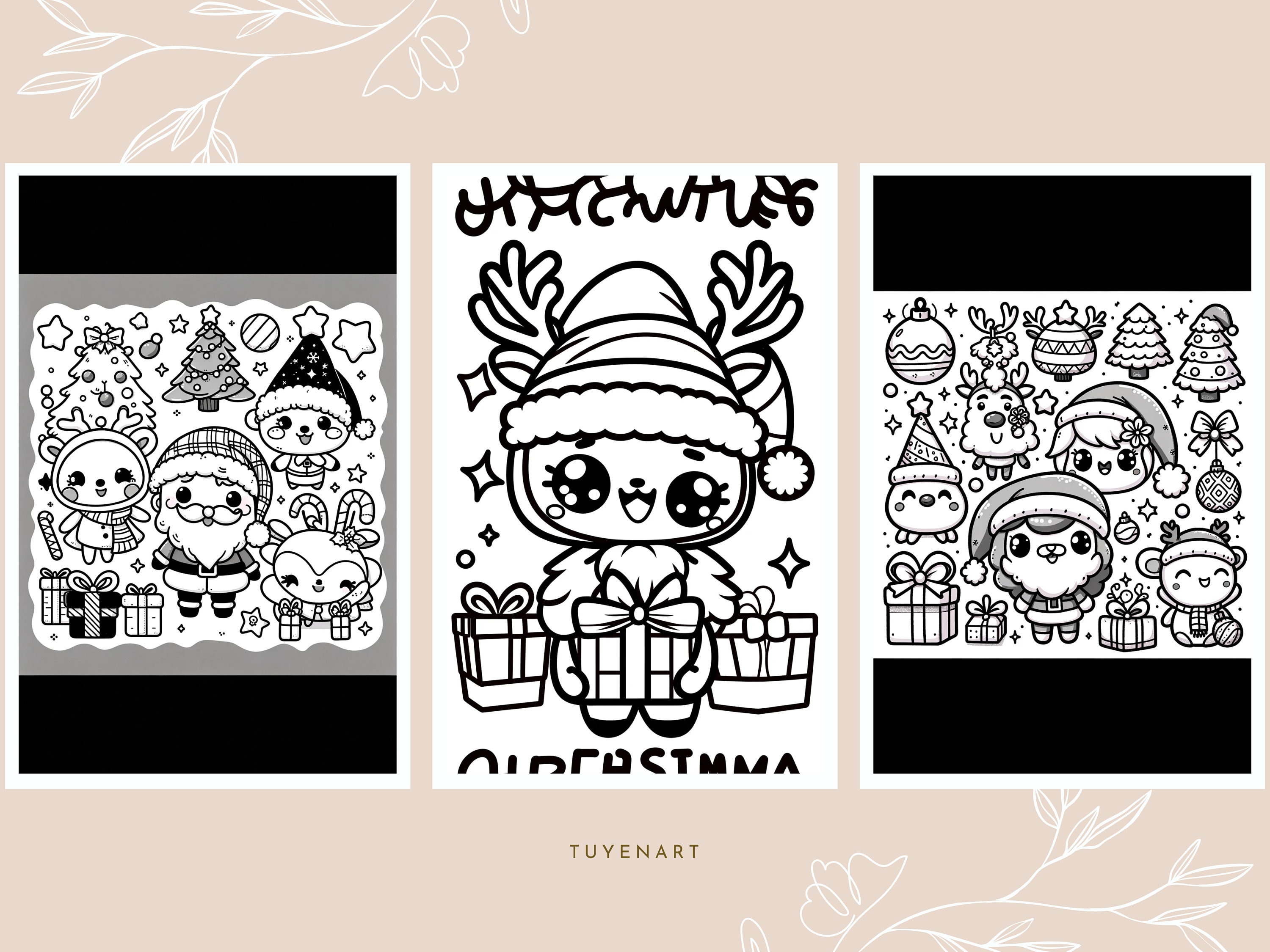 Christmas Kawaii Characters Coloring Book, Xmas Santa Coloring Pages ...