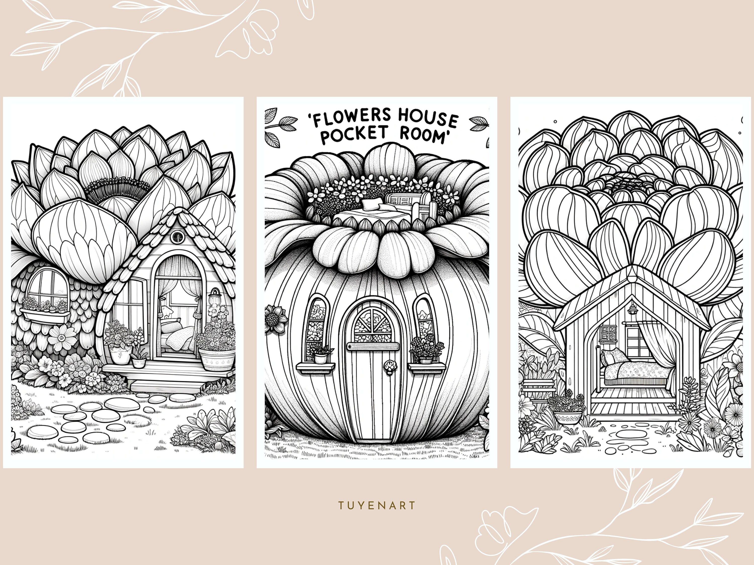 Flowers House Pocket Room Coloring Book, Boho Cozy Interior Design ...
