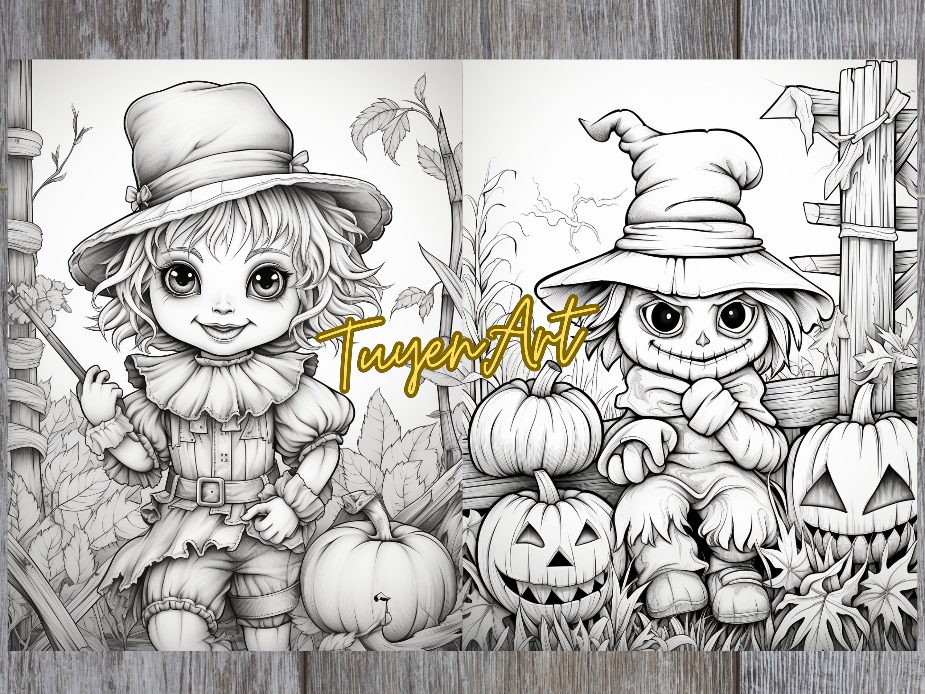 Cute Scarecrows Coloring Book, Halloween Coloring Pages, Fall Cute ...