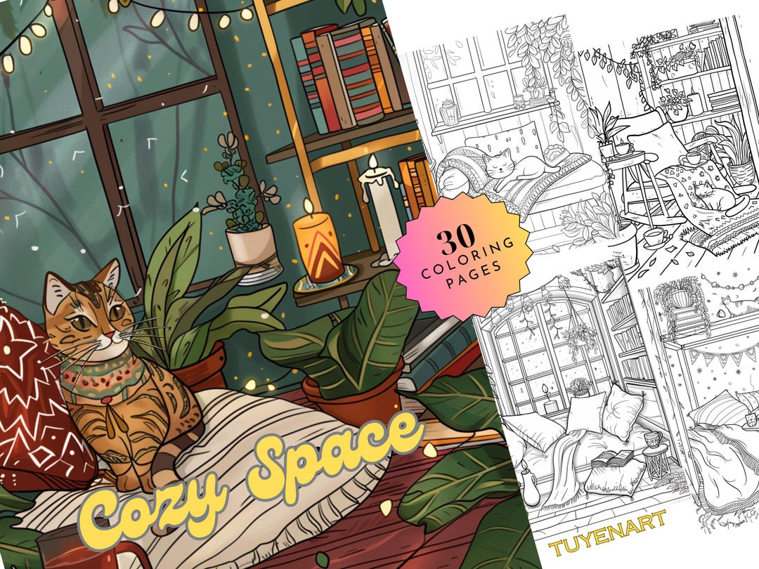 Cozy Space Coloring Book, Boho Room Coloring Page, Cozy Room Coloring ...