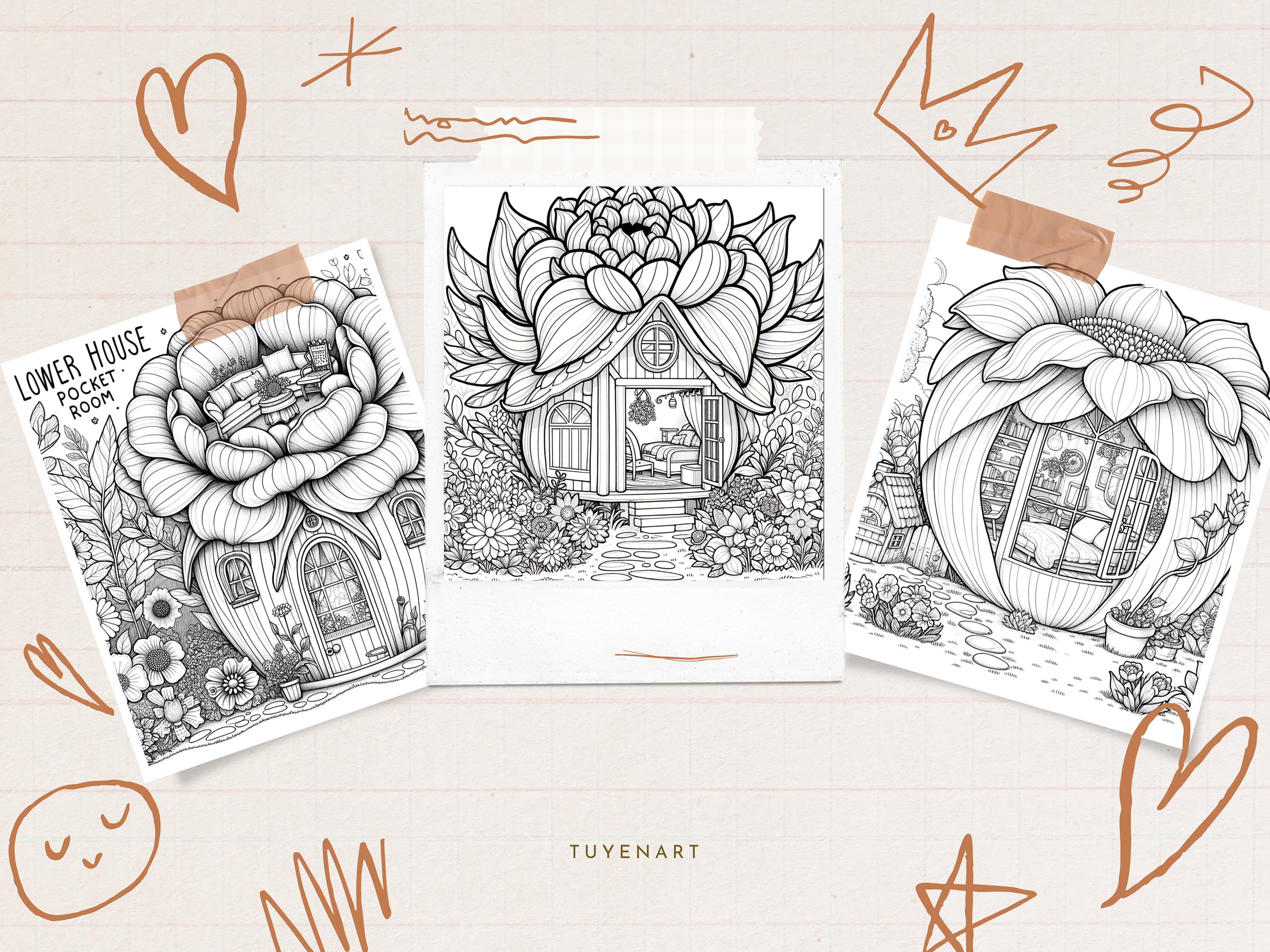 Flowers House Pocket Room Coloring Book, Boho Cozy Interior Design ...