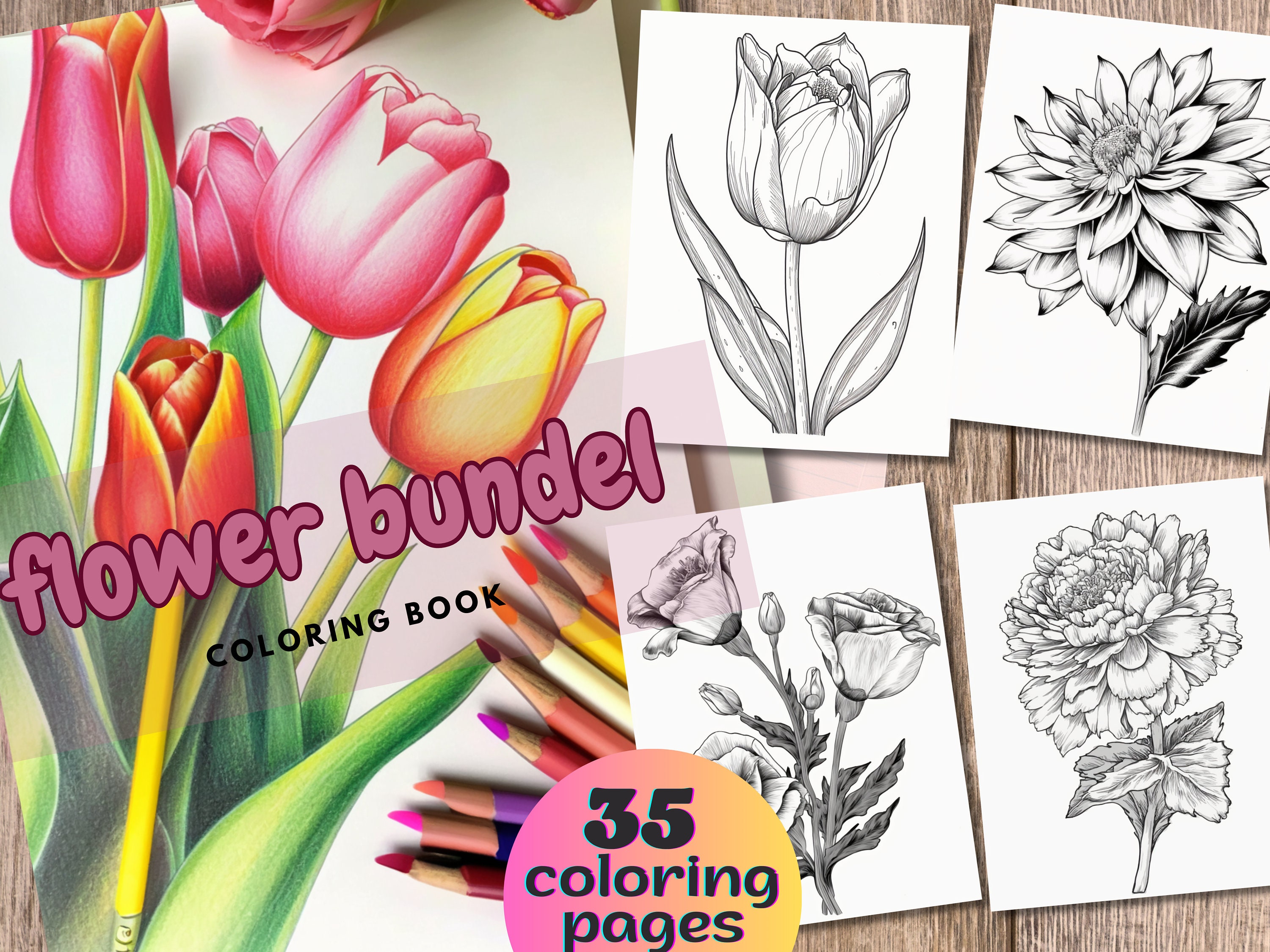 35 Flower Bundles Printable, Coloring Pages, Coloring Book, Adults ...