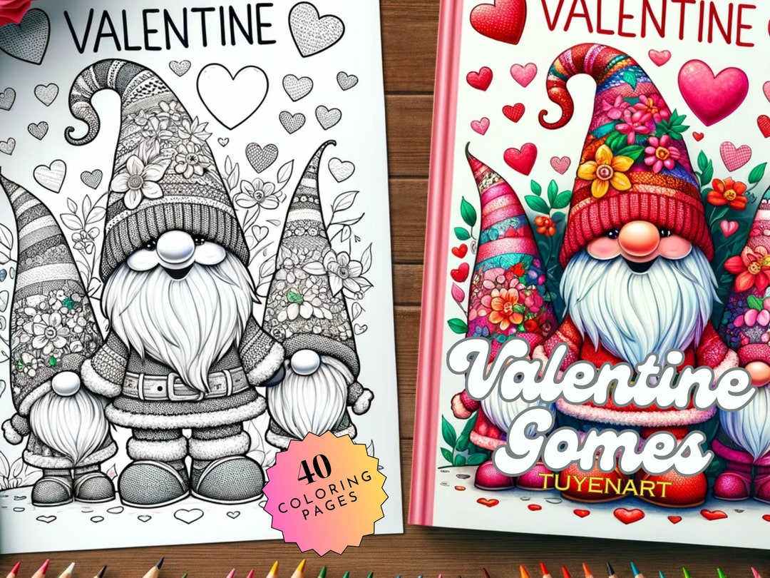 Valentine Gnomes Coloring Book, Romantic Gnome Coloring Pages ...
