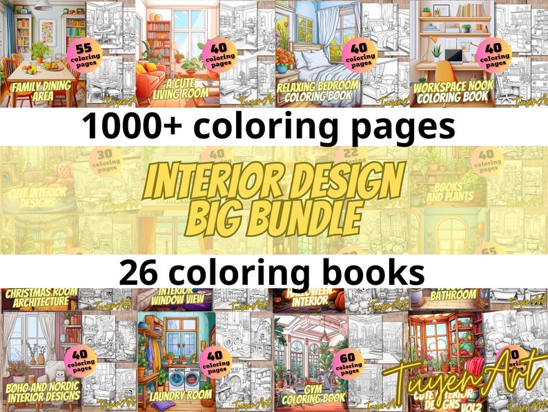 Big Bundle Interior Design Coloring Book Modern & Minimal, Boho and ...