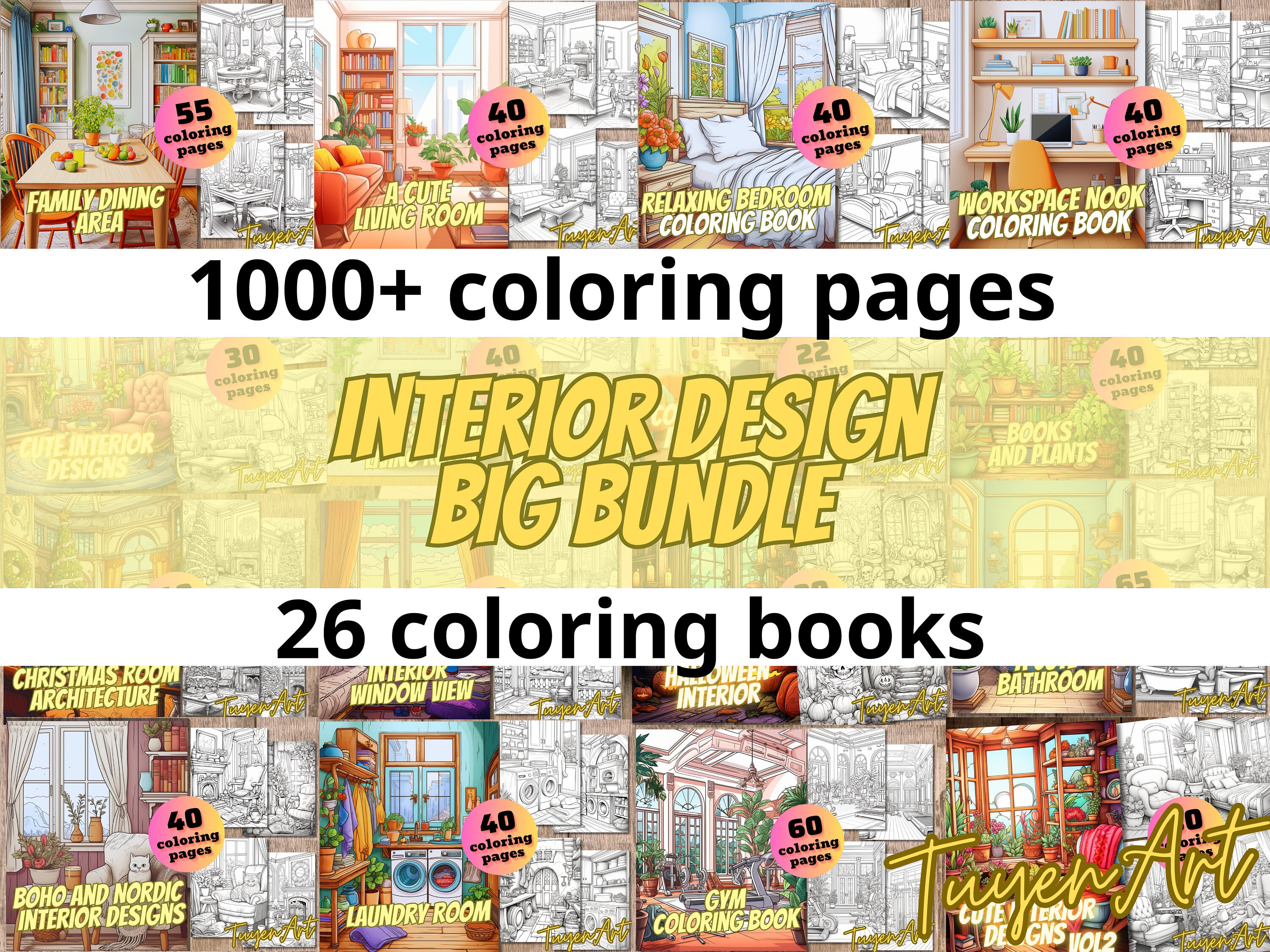 Big Bundle Interior Design Coloring Book Modern & Minimal, Boho and ...