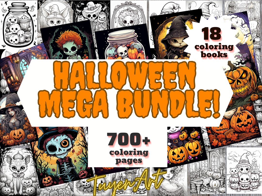 Halloween Mega Bundle, Spooky Graphics, Happy Halloween Coloring Pages ...