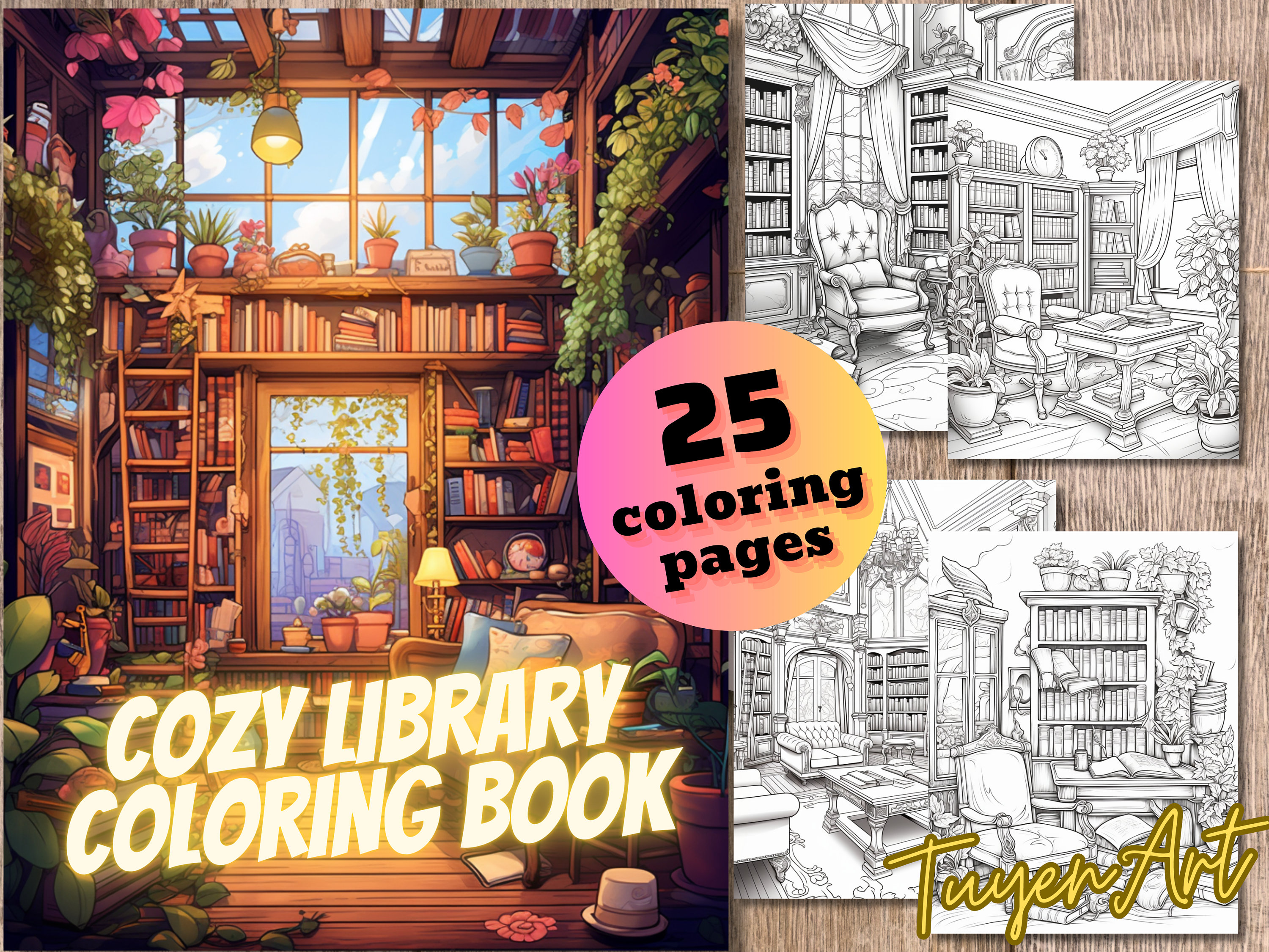 Cozy Library Coloring Pages - Library Coloring Book, Interior Room ...