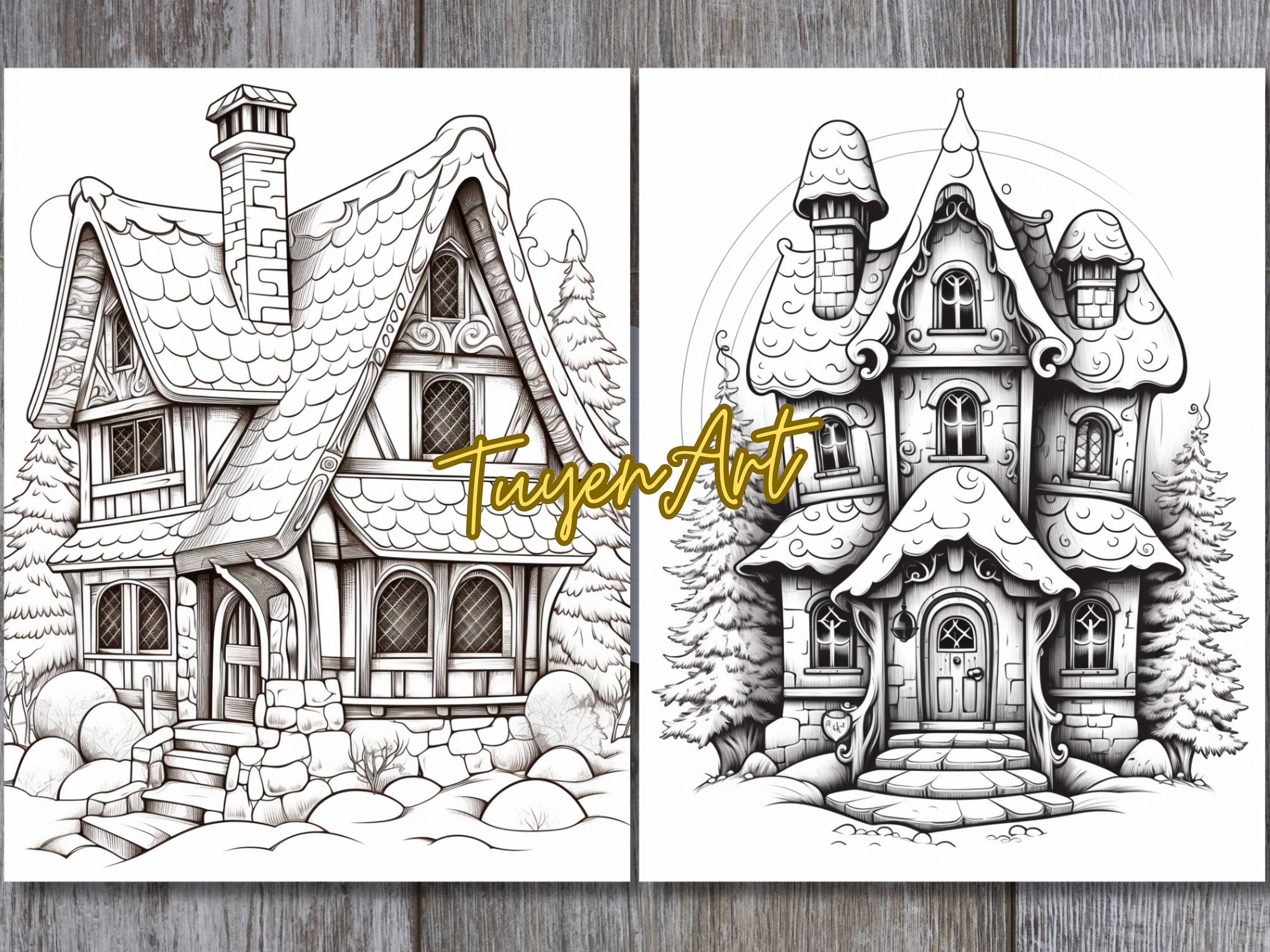 Christmas Houses Coloring Book, Fantasy Xmas Cottage Coloring Pages ...