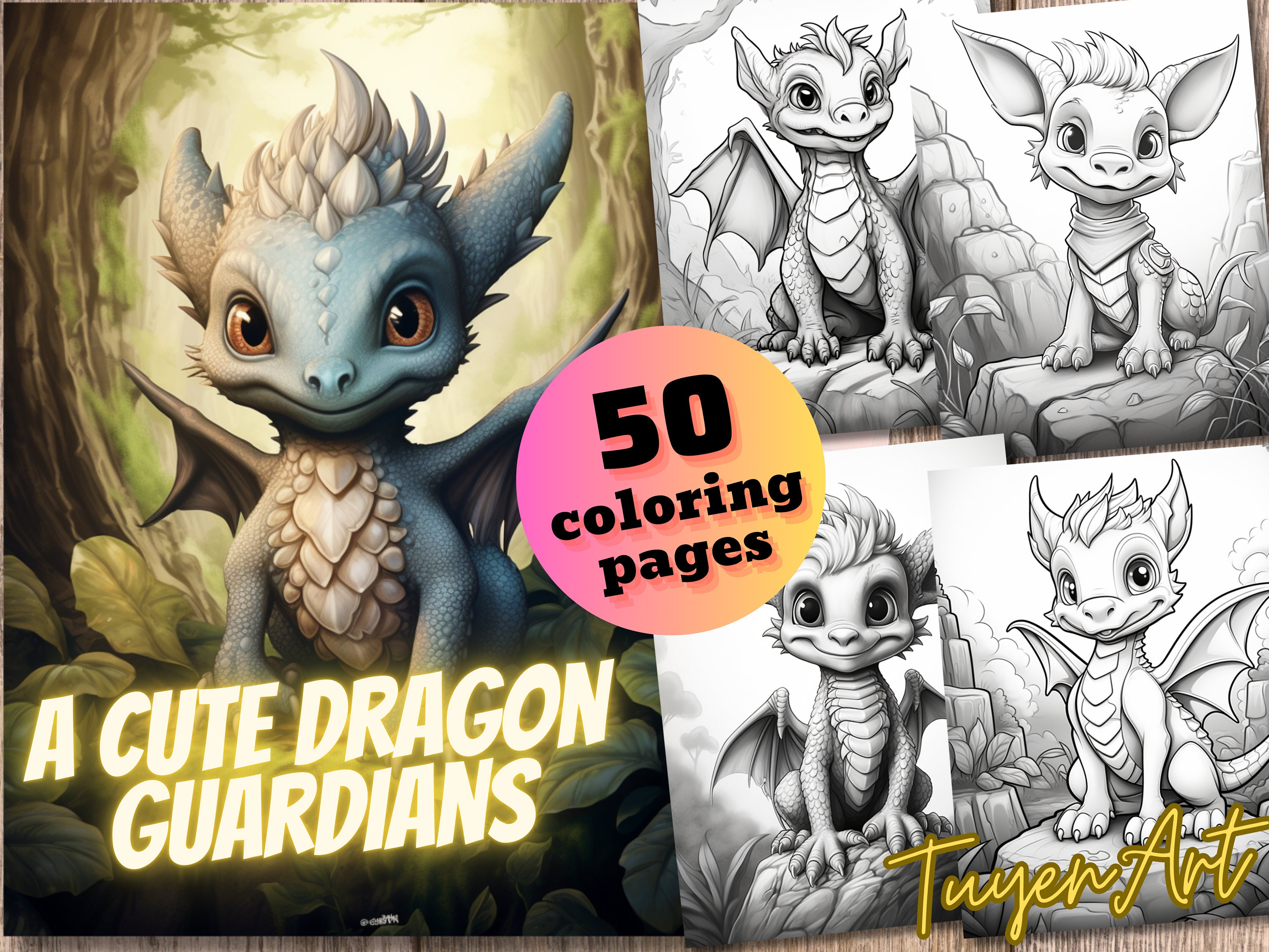 A Cute Dragon Guardians Fantasy Coloring Page Book, Adults Kids Instant ...
