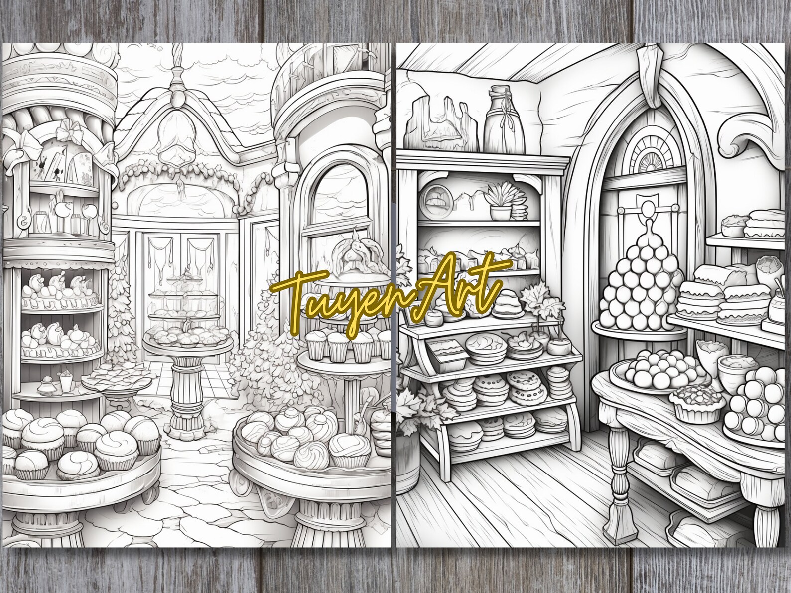 Magical Bakery Coloring Book, Cakes Sweets, Interior Design Coloring ...