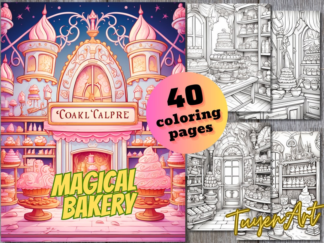 Magical Bakery Coloring Book, Cakes Sweets, Interior Design Coloring ...