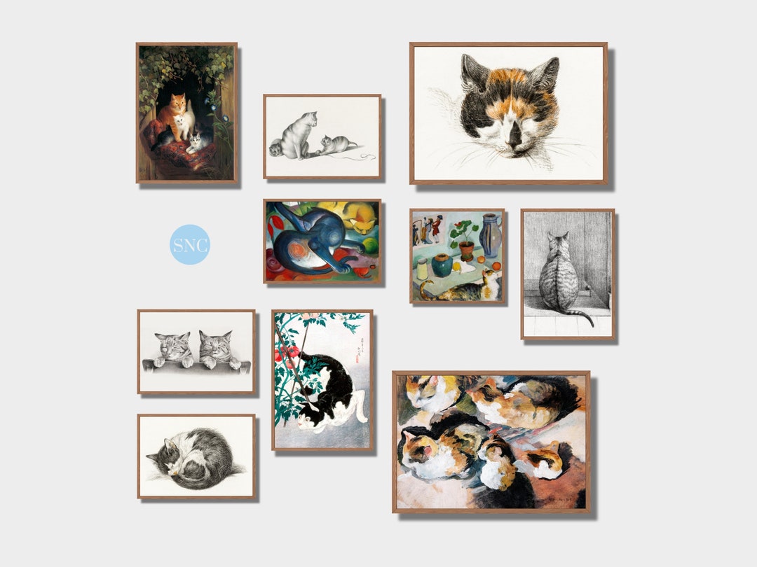 Set of 10 Printable Vintage Cat Wall Art Prints, Digital Download - Etsy